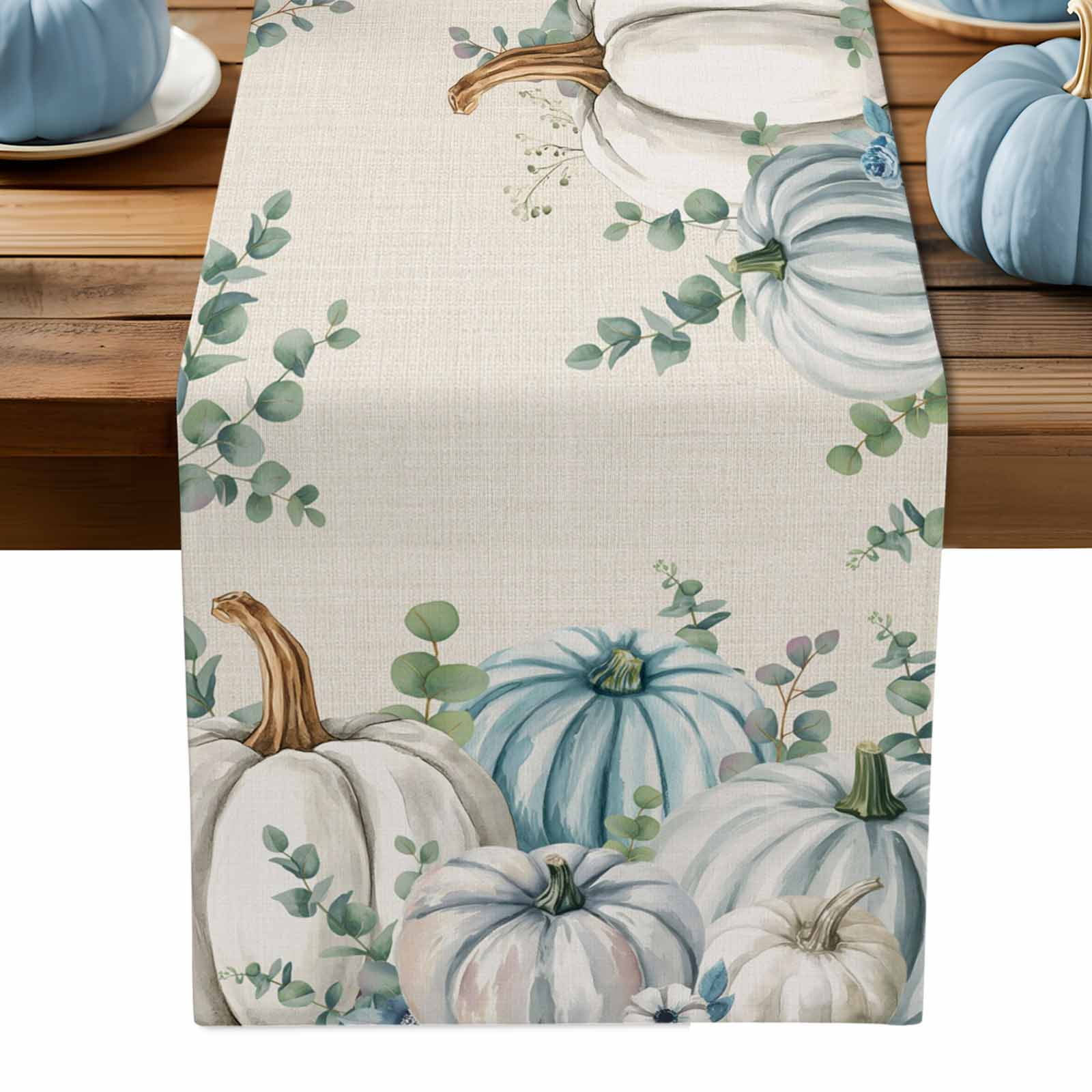 ERUNPONLY Teal Grey Pumpkin Fall Table Runner - 70 Inch Long ...