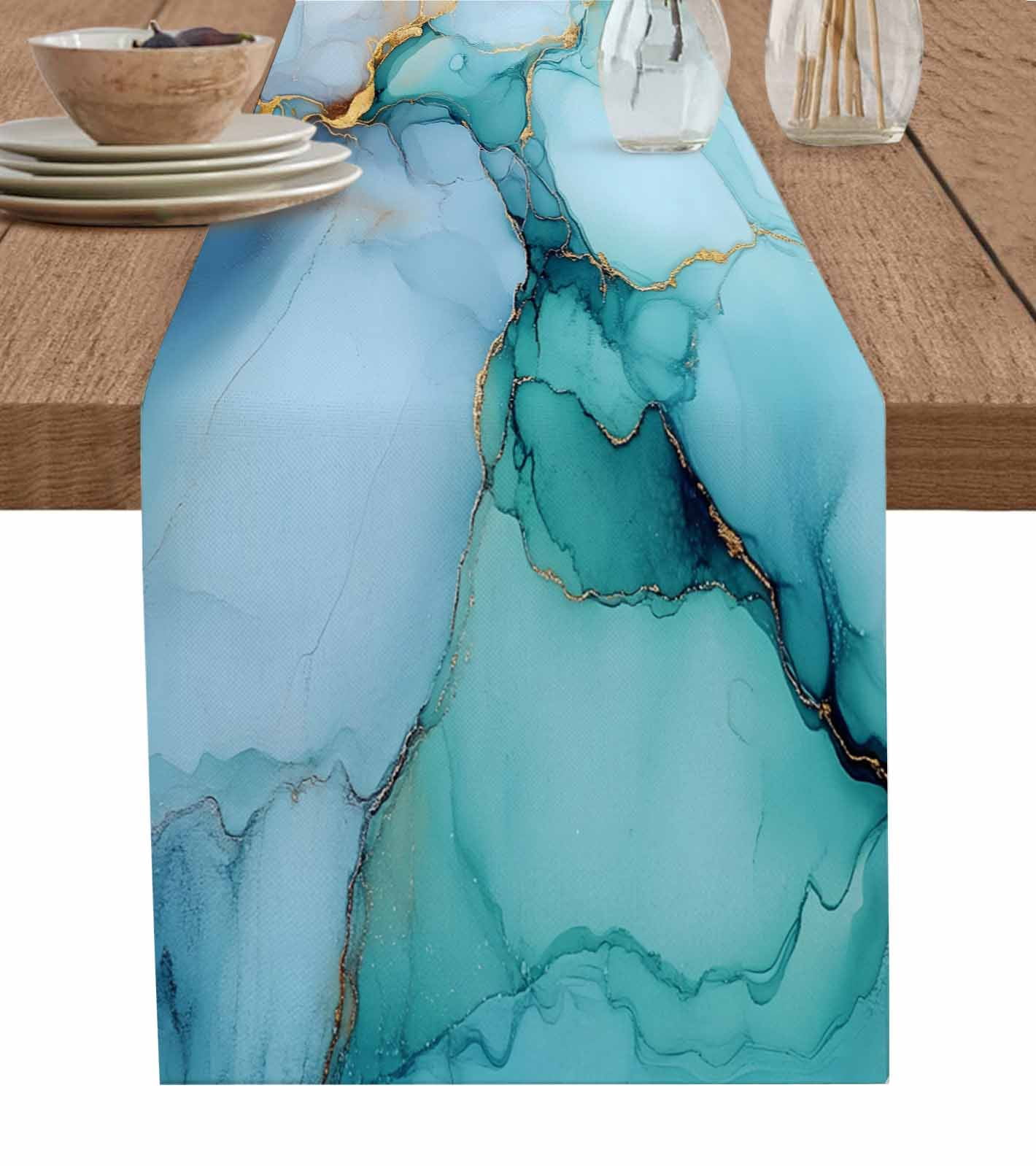 ERUNPONLY Teal Marble Table Runner - 108 Inch Long Contemporary Ink ...