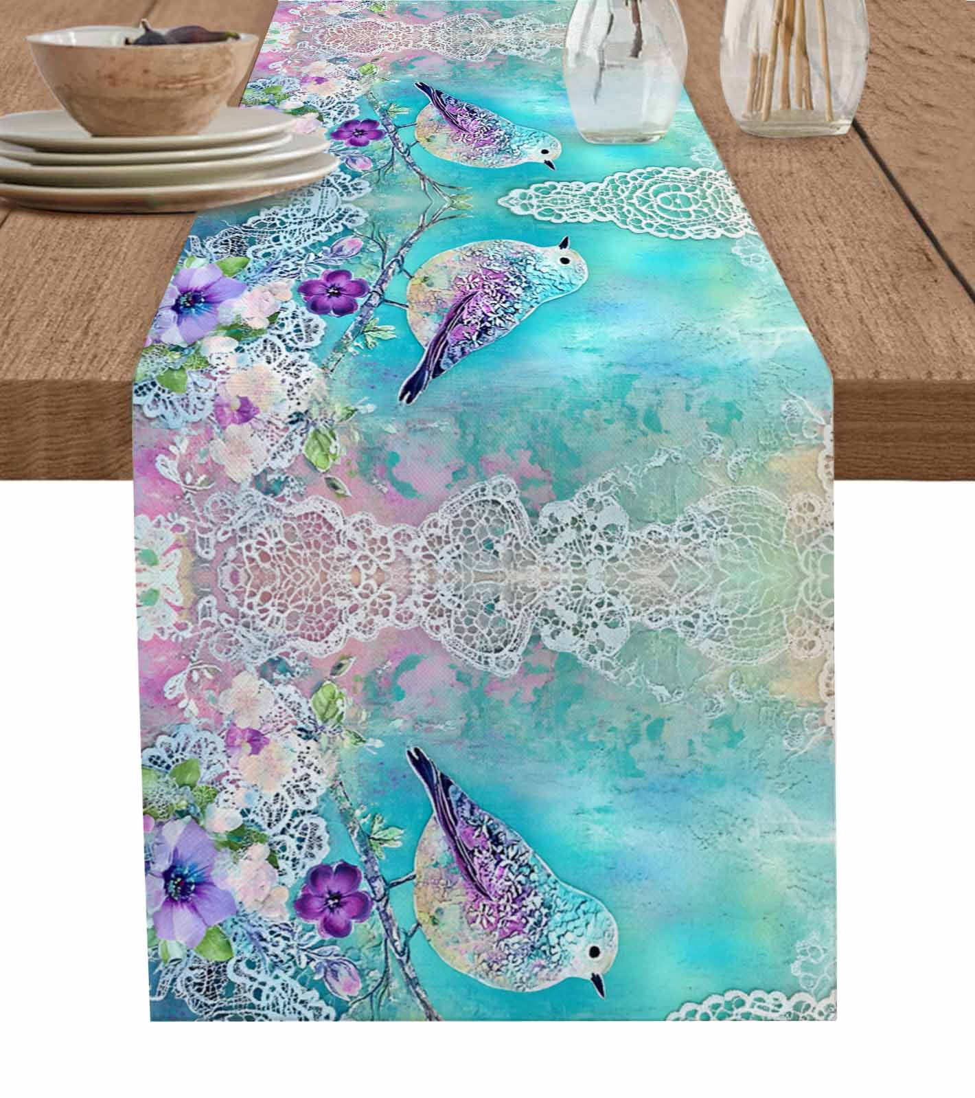 ERUNPONLY Teal Pink Birds Table Runner - 70 Inch Long Abstract ...
