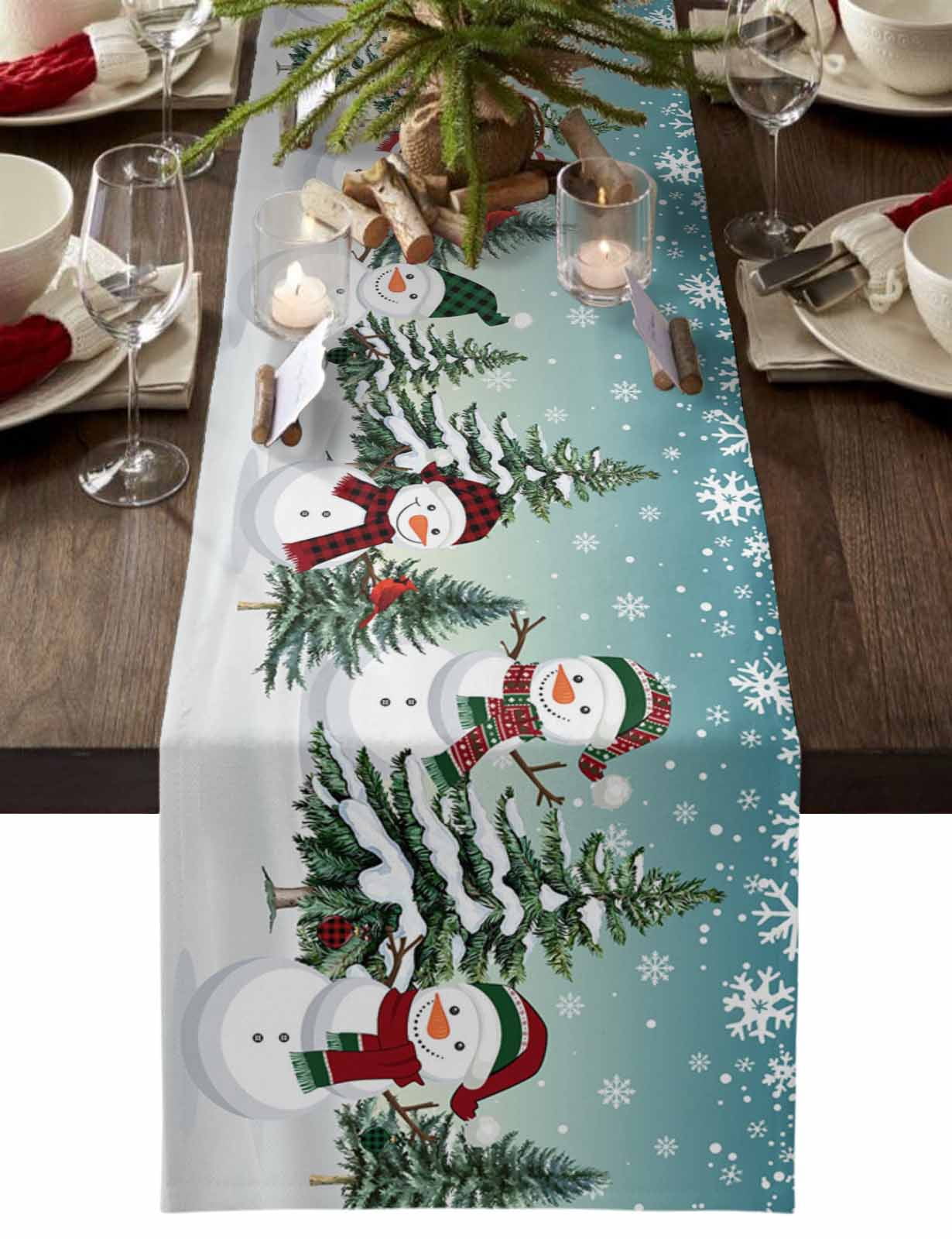 ERUNPONLY Teal Snowman Christmas Table Runner - 90 Inch Long Xmas Tree ...