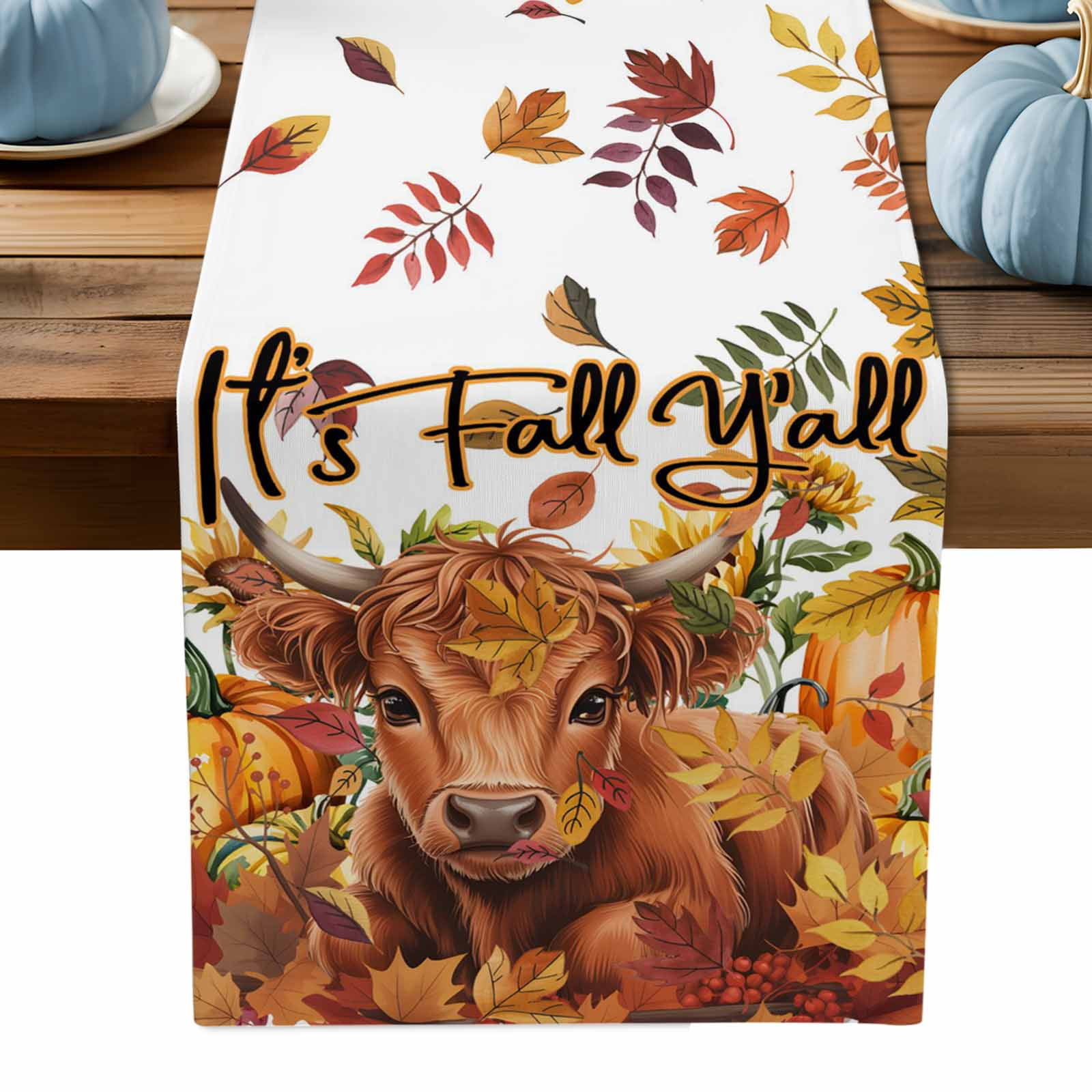 ERUNPONLY Thanksgiving Cattle Table Runner - 72 Inch Long Fall Pumpkin Sunflower Maple Leaf ...