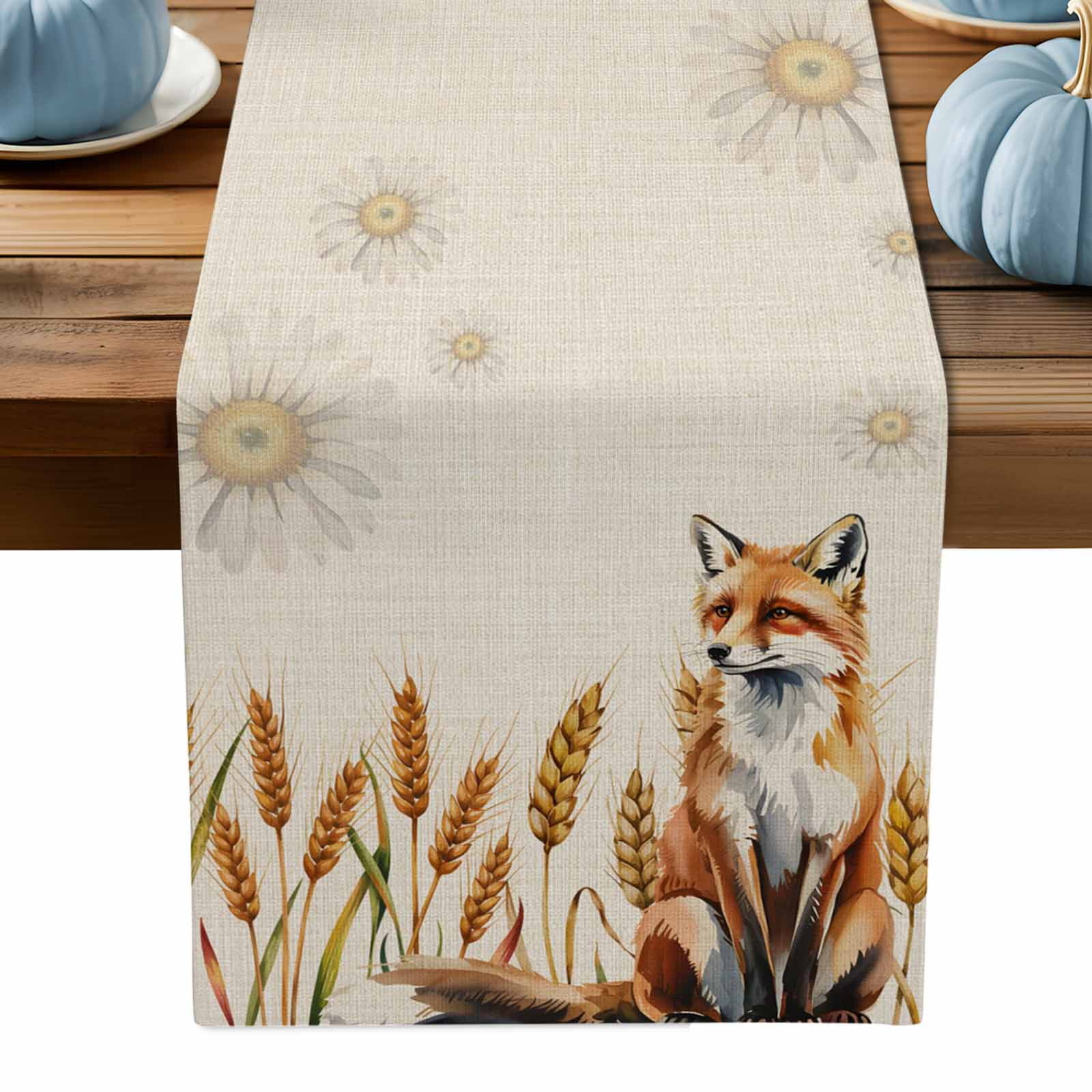 ERUNPONLY Thanksgiving Fox Table Runner - 72 Inch Long Farmhouse Wheat Fall Beige Cotton and ...