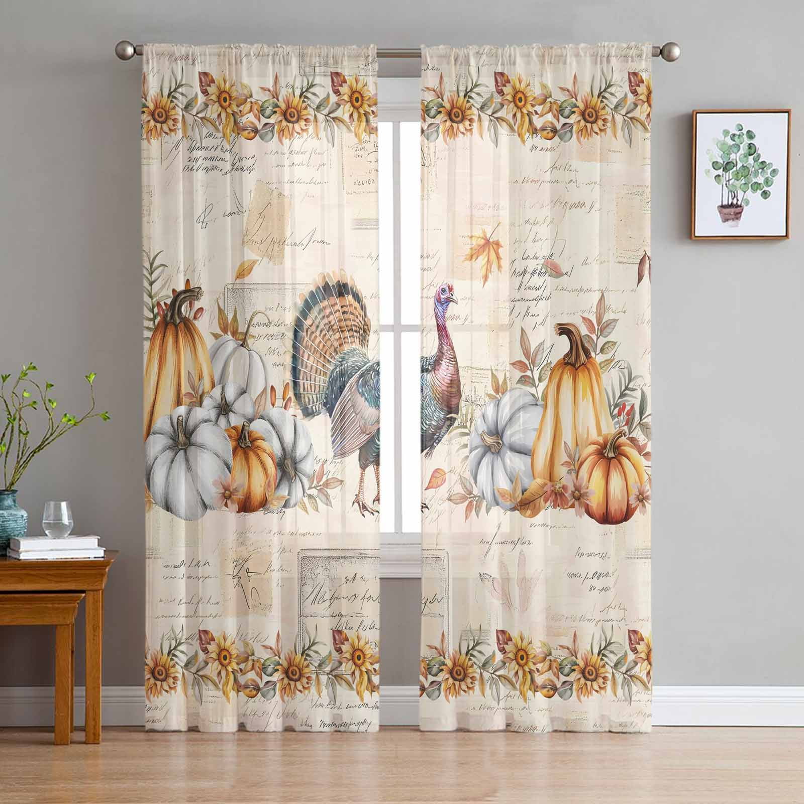 ERUNPONLY Thanksgiving Pumpkins Sheer Curtains 63 Inch Length 2 Panels ...
