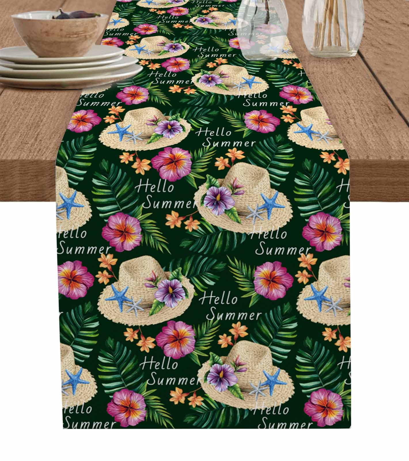 ERUNPONLY Tropical Flower Table Runner - 90 Inch Long Green Palm Plants ...