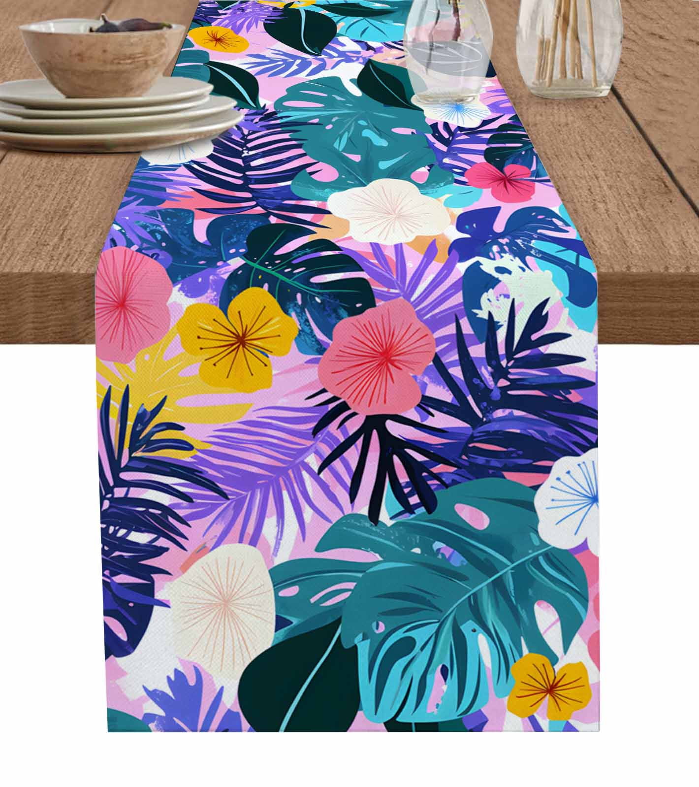 ERUNPONLY Tropical Leaf Table Runner - 72 Inch Long Purple Palm Plant ...