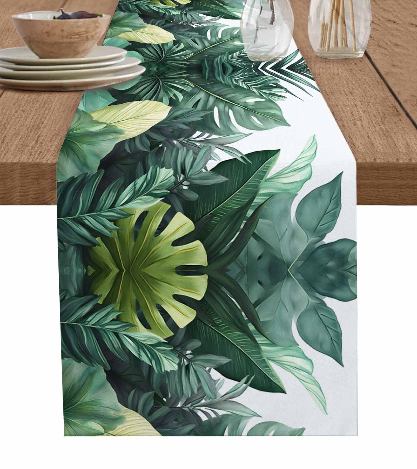 ERUNPONLY Tropical Leaves Table Runner - 90 Inch Long Watercolor Summer ...