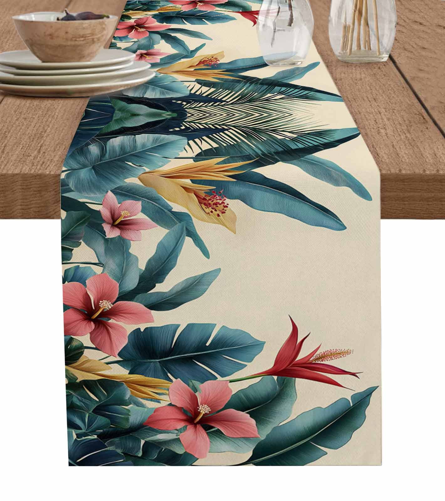 ERUNPONLY Tropical Plant Table Runner - 48 Inch Long Summer Botanical ...