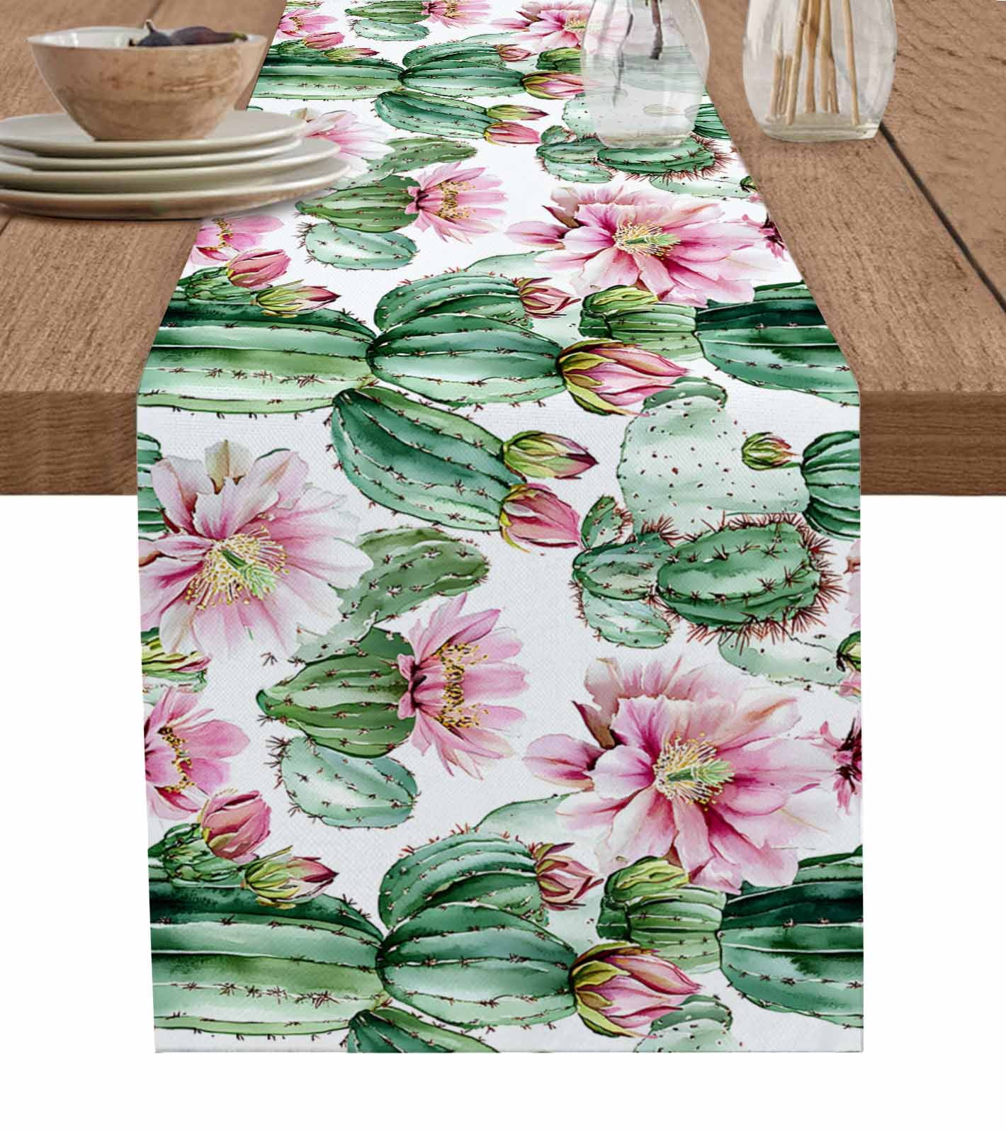 ERUNPONLY Tropical Succulent Table Runner - 90 Inch Long Botanical Plants Pink Floral Cotton and ...
