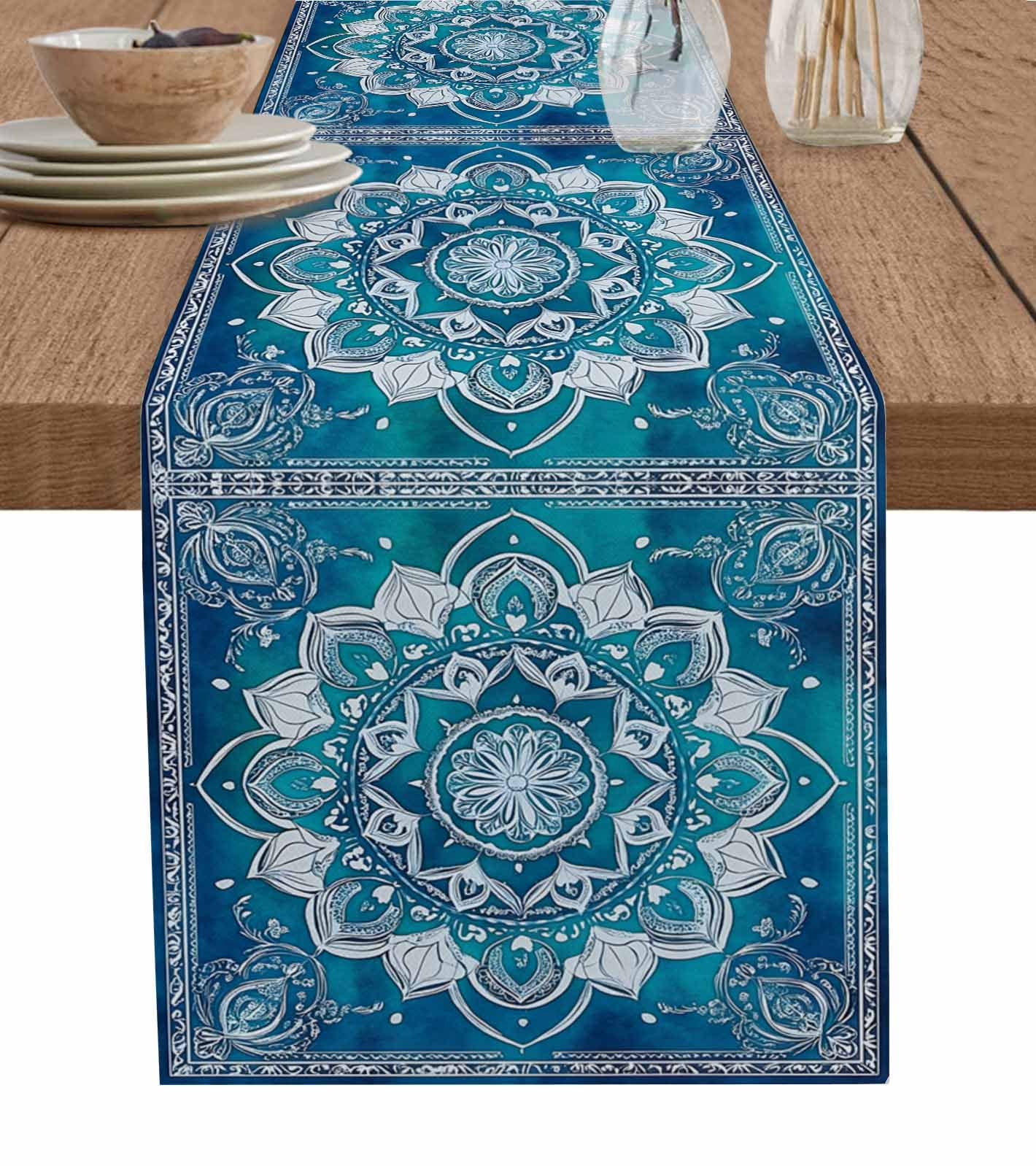 ERUNPONLY Turquoise Boho Table Runner - 90 Inch Long Ethnic Country Abstract Floral Aesthetic ...