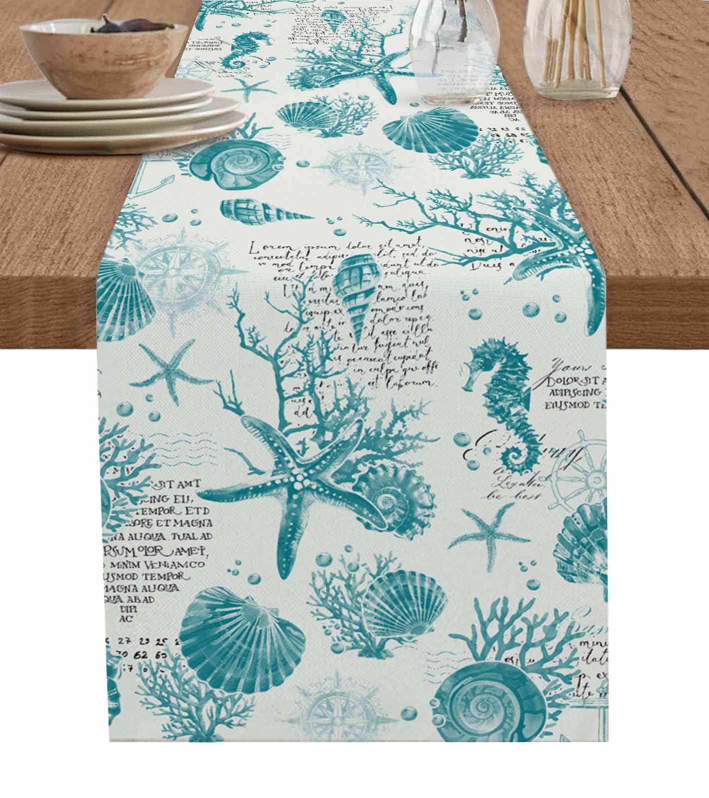 ERUNPONLY Turquoise Coastal Coral Table Runner - 90 Inch Long Nautical ...