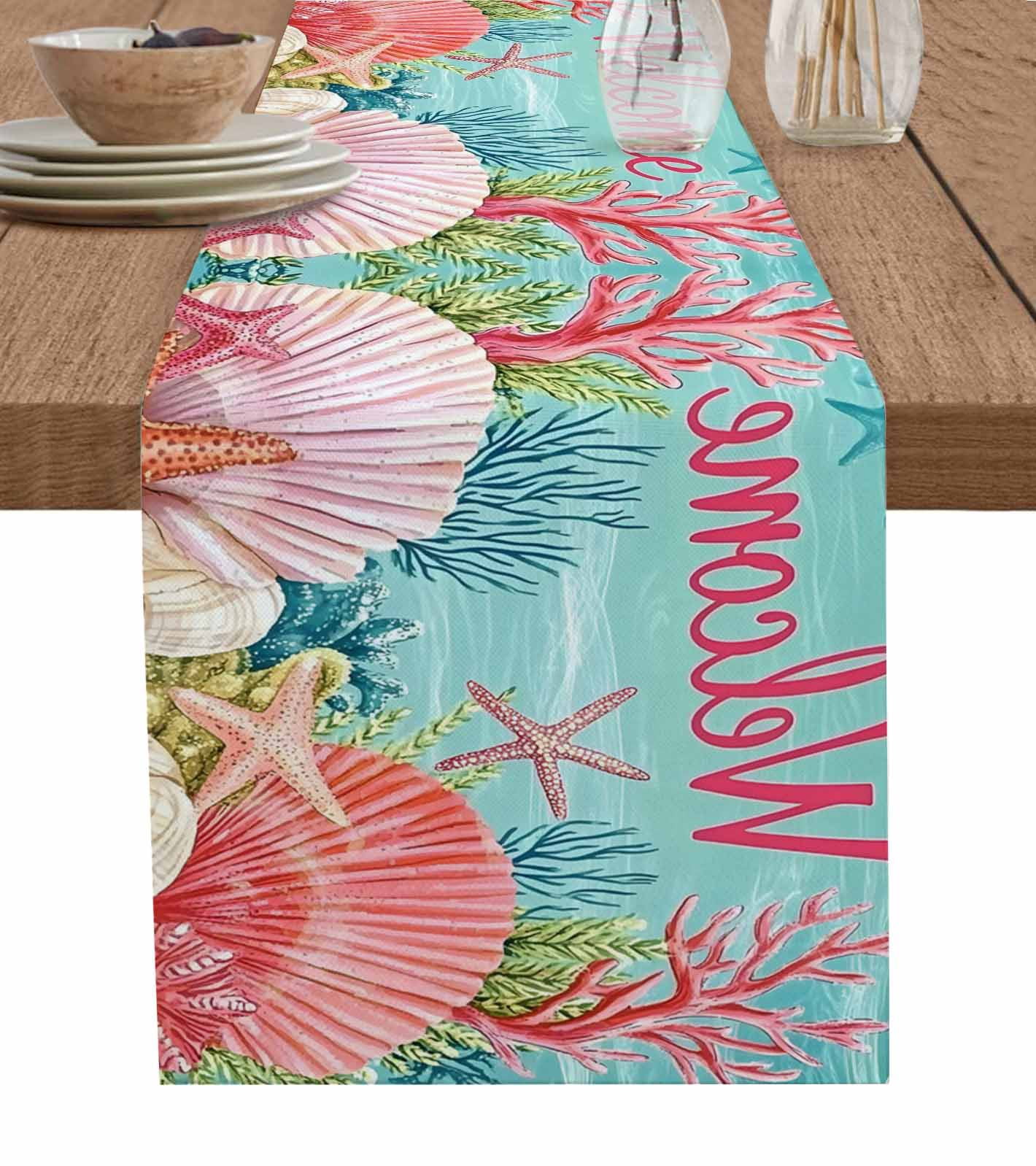 ERUNPONLY Turquoise Coastal Welcome Table Runner - 90 Inch Long Ocean ...