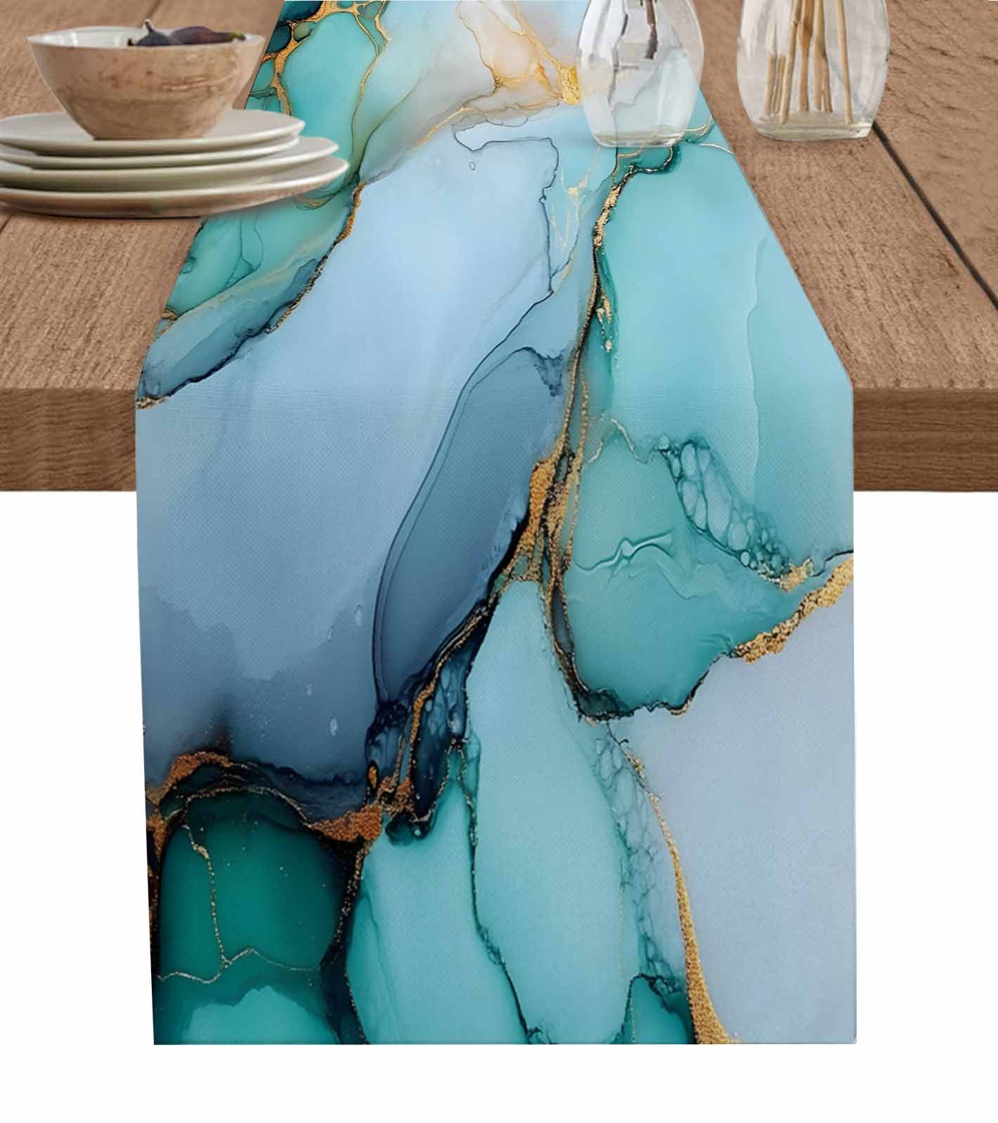 ERUNPONLY Turquoise Marble Table Runner - 120 Inch Long Farmhouse ...