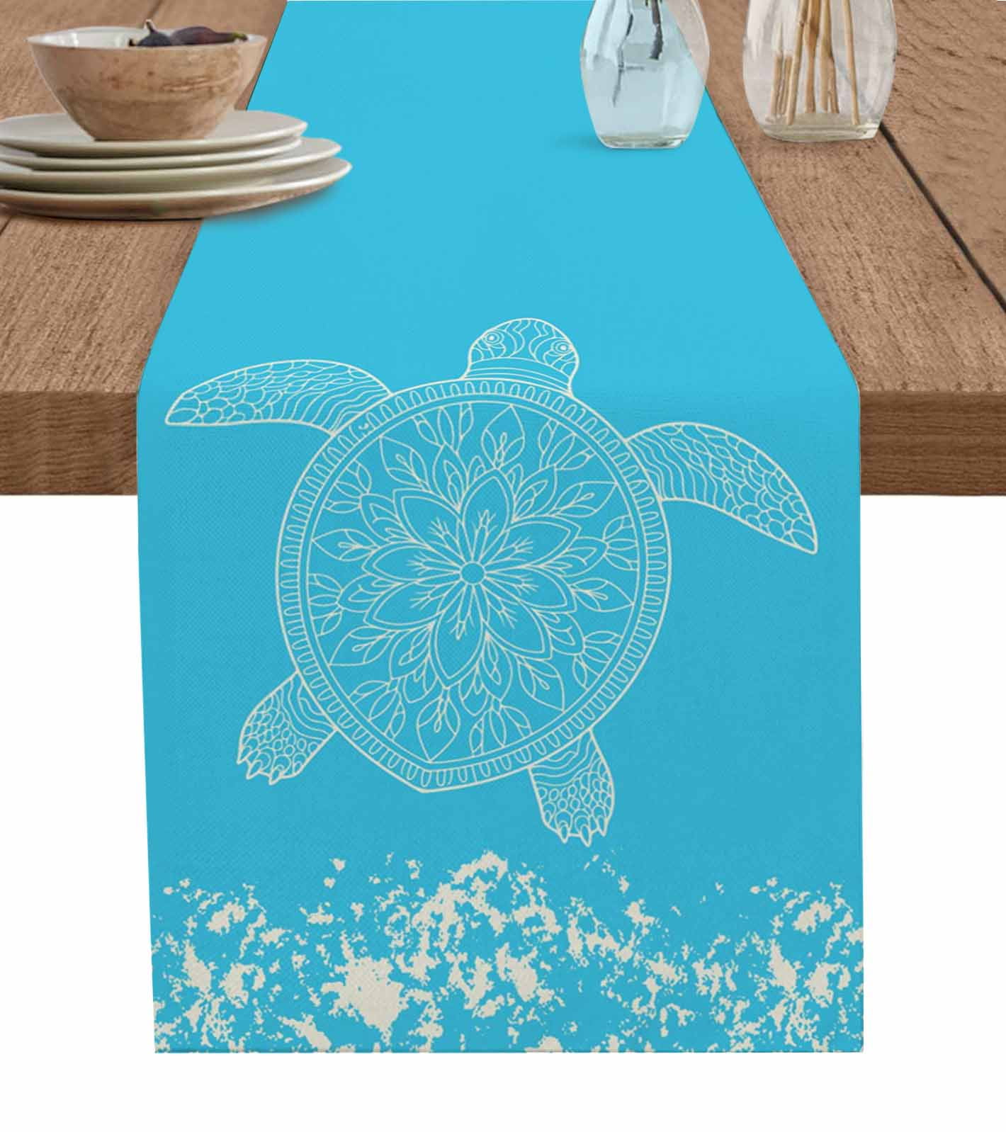 ERUNPONLY Turtle Aqua Blue Table Runner - 36 Inch Long Coastal Ocean ...