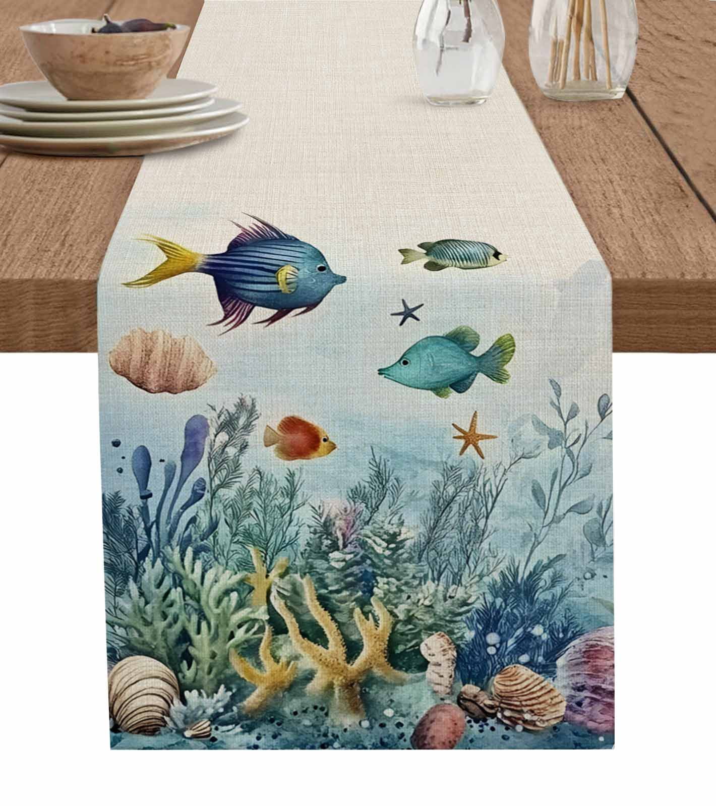ERUNPONLY Underwater Fish Table Runner - 48 Inch Long Coastal Coral ...