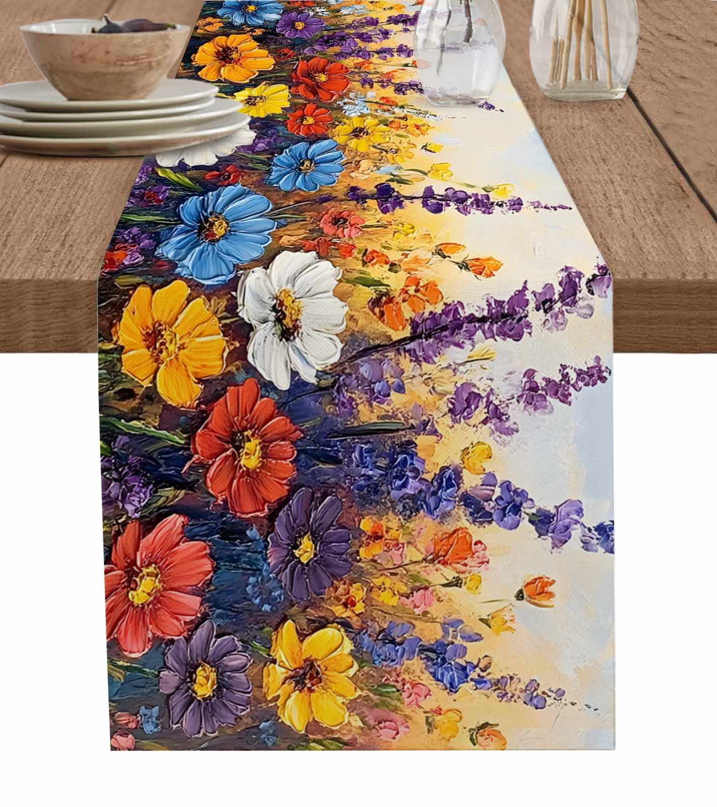 ERUNPONLY Vintage Flowers Table Runner - 60 Inch Long Abstract Oil ...