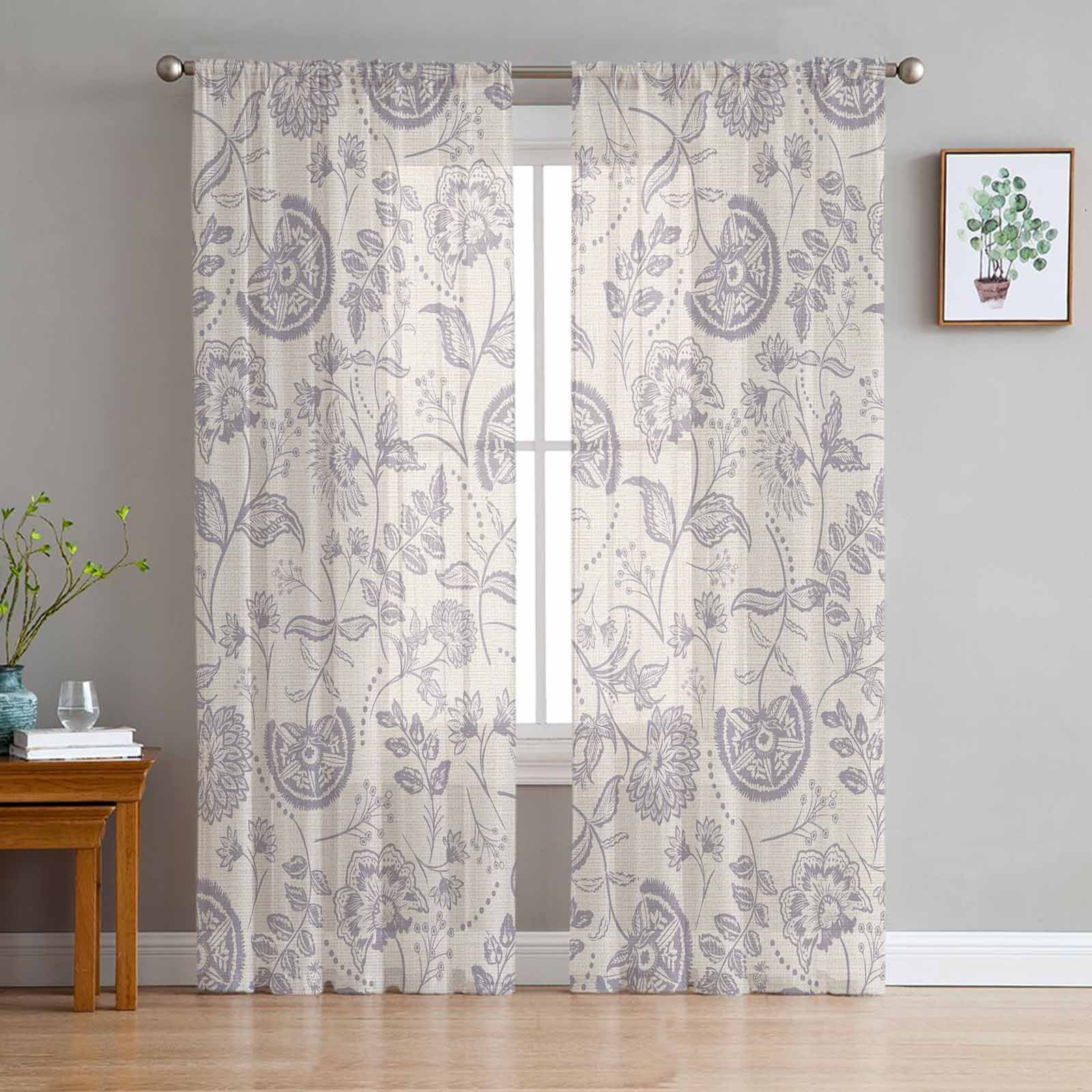 ERUNPONLY Vintage Spring Floral Sheer Curtains 84 Inch Length 2 Panels ...