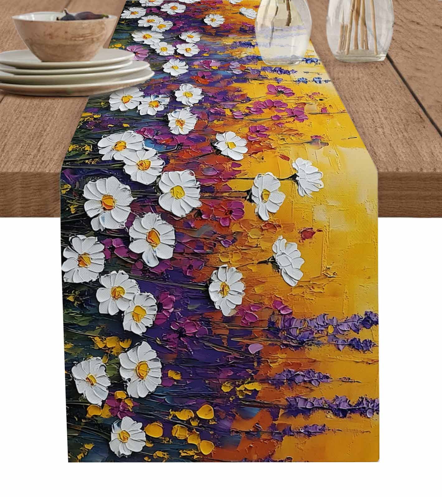 ERUNPONLY Vintage White Daisy Table Runner - 90 Inch Long Modern Oil ...