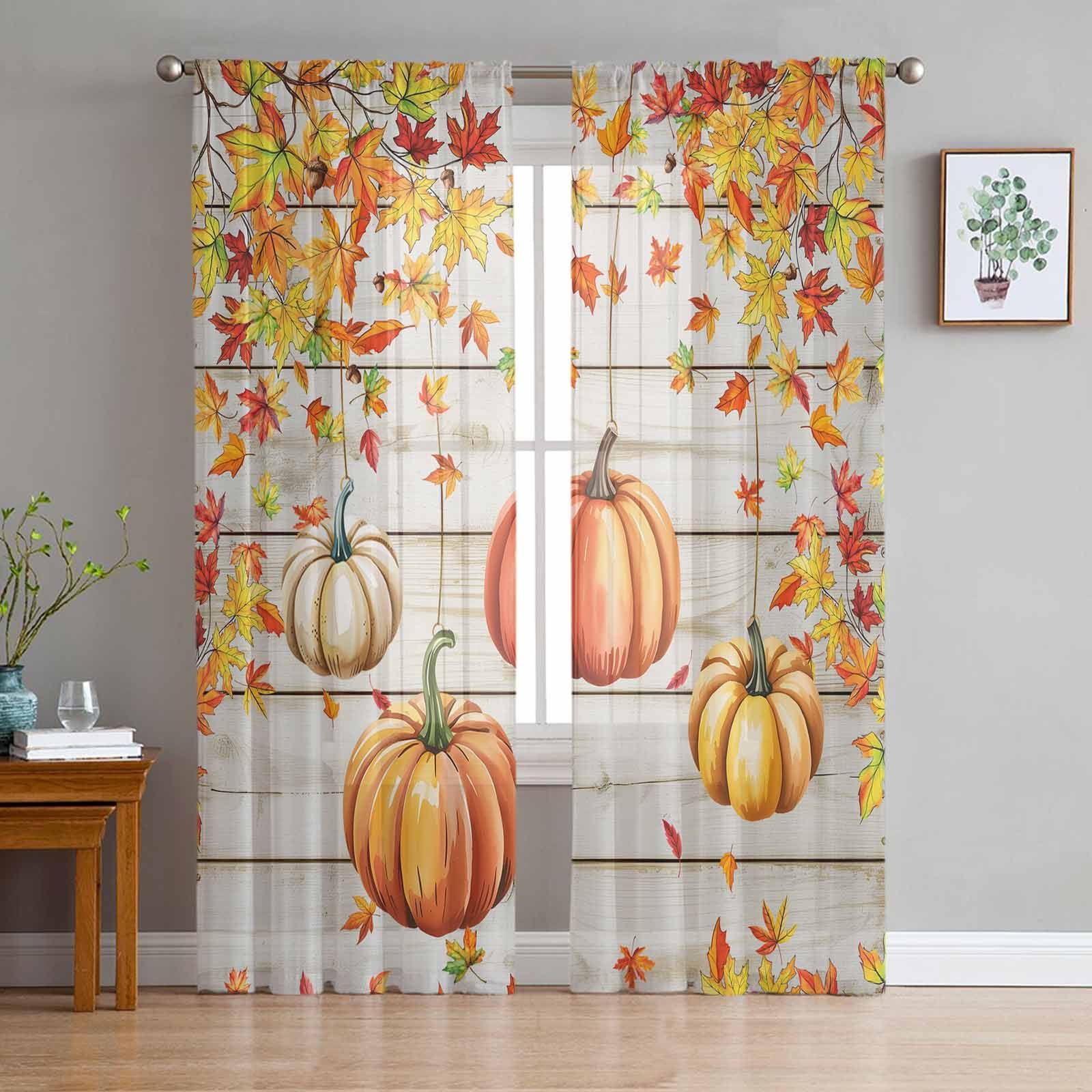 ERUNPONLY Weeping Pumpkin Fall Sheer Curtains 63 Inch Length 2 Panels ...