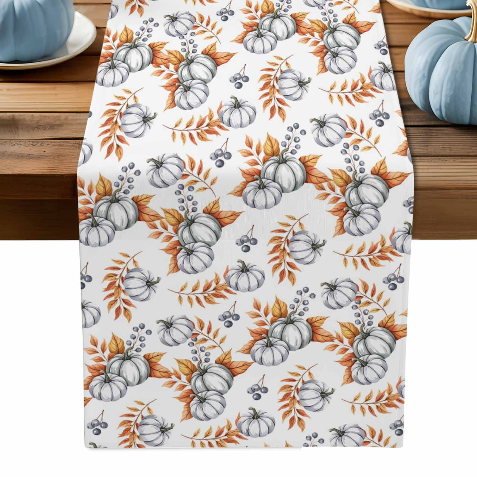 ERUNPONLY White Blue Pumpkins Fall Table Runner - 72 Inch Long ...
