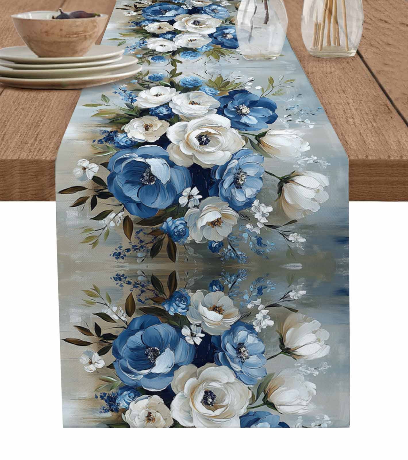 ERUNPONLY White Blue Spring Floral Table Runner - 108 Inch Long Vintage ...