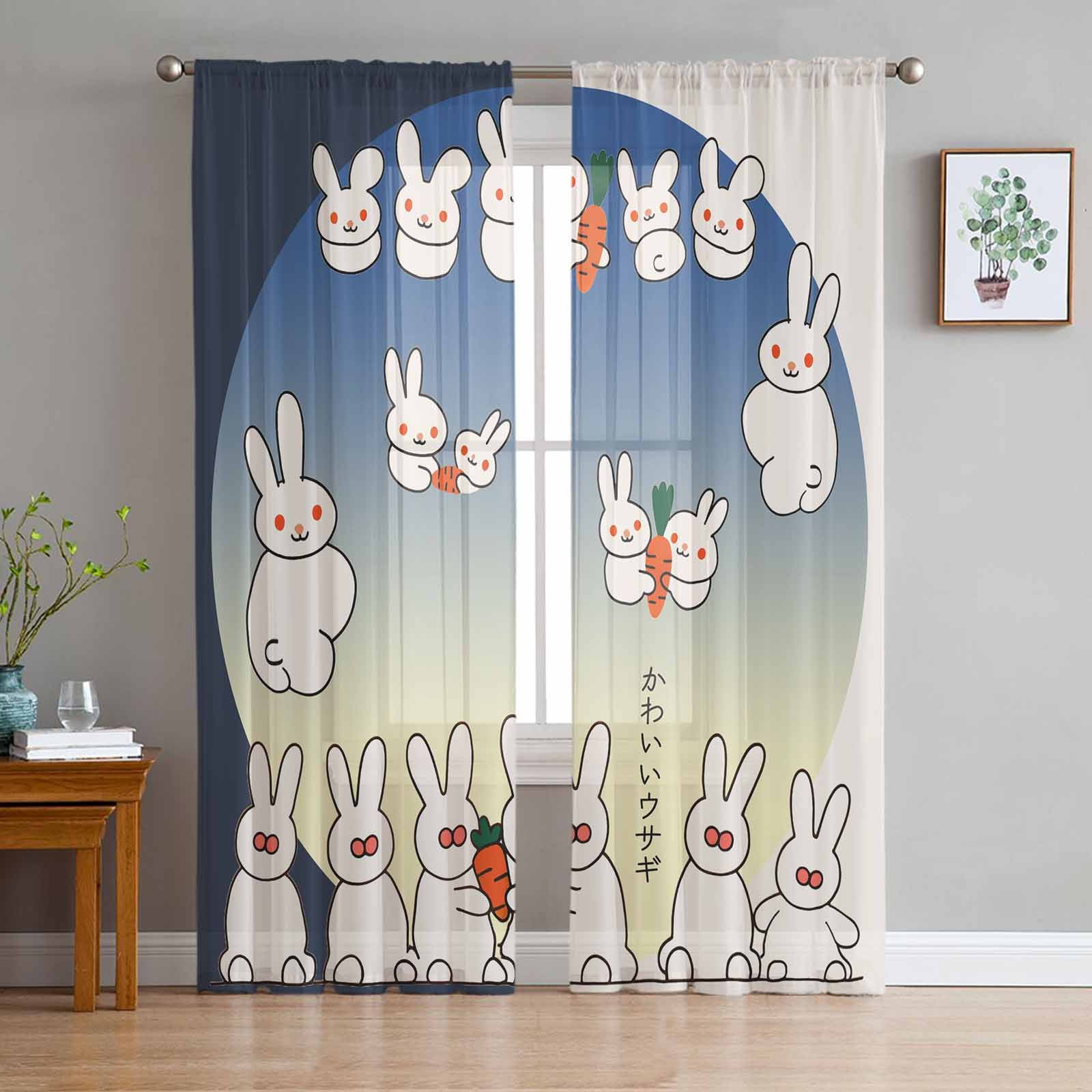 ERUNPONLY White Cute Rabbit Sheer Curtains 96 Inch Length 2 Panels Set ...