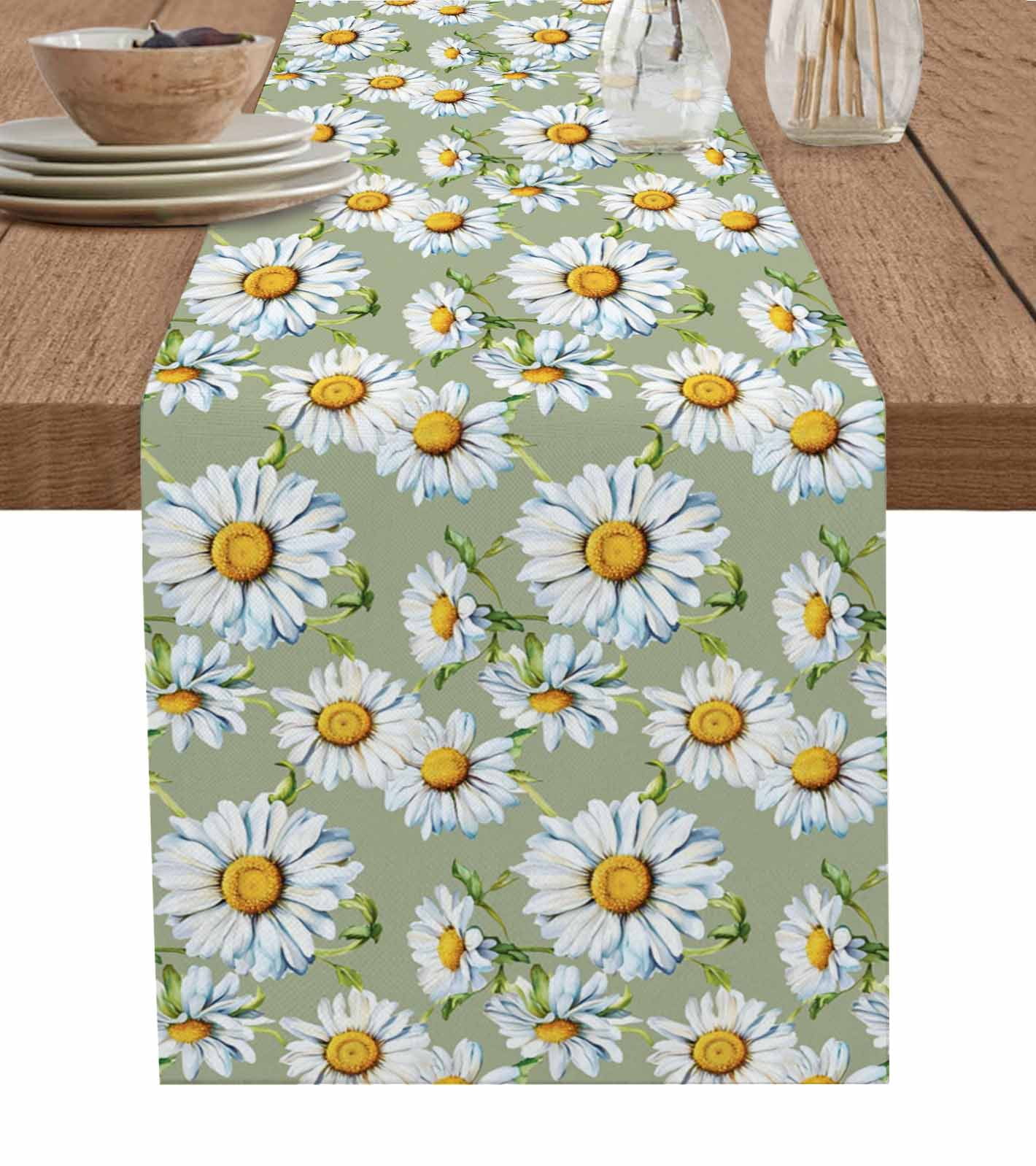 ERUNPONLY White Daisy Table Runner - 72 Inch Long Sage Green Botanical ...