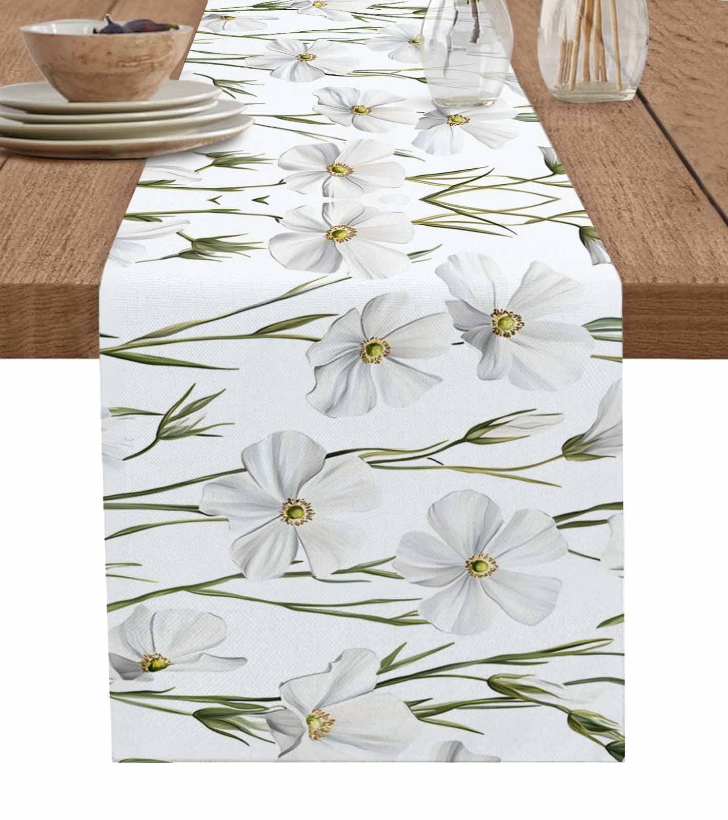 ERUNPONLY White Floral Table Runner - 108 Inch Long Garden Floral ...