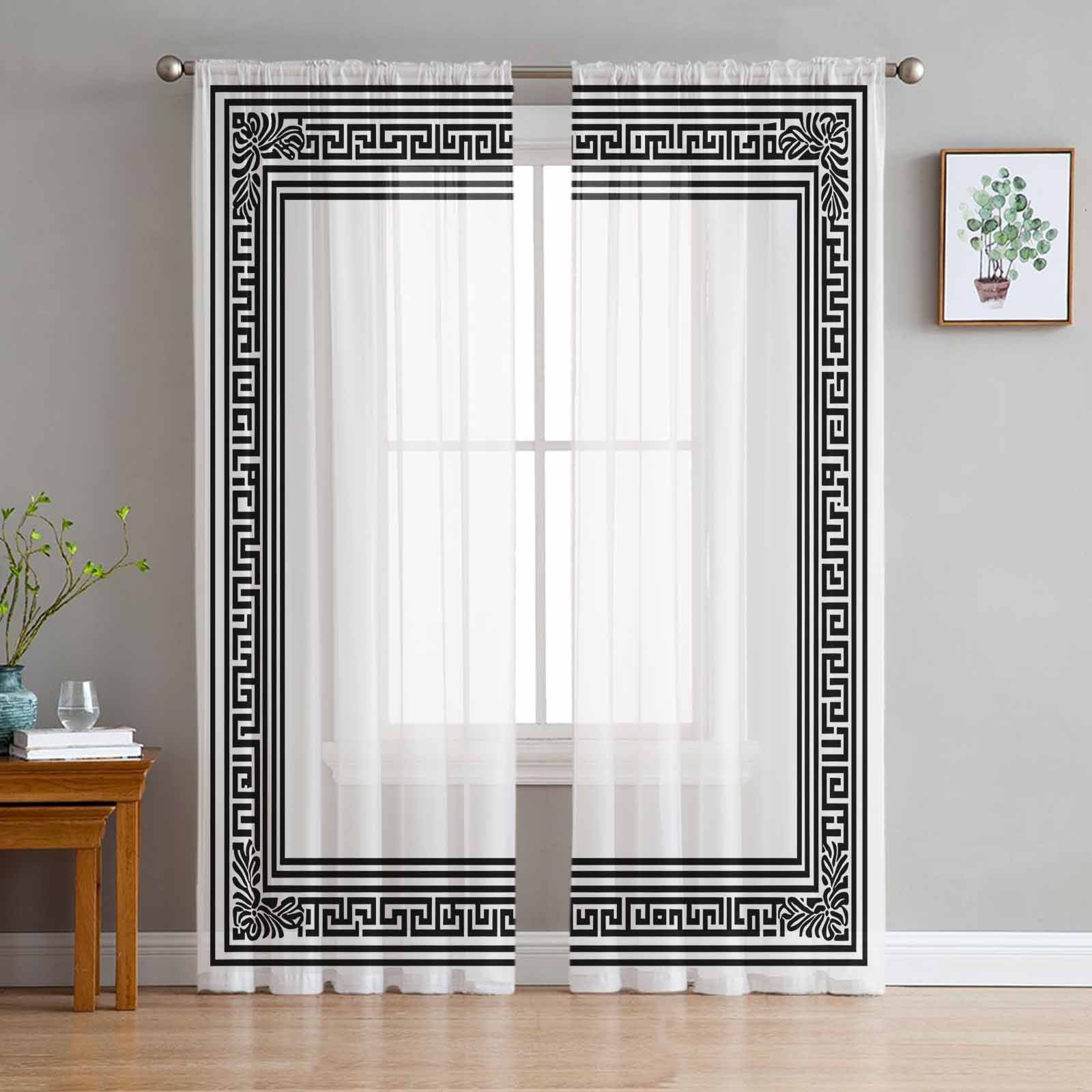 ERUNPONLY White Greek Key Sheer Curtains 63 Inch Length 2 Panels Set ...
