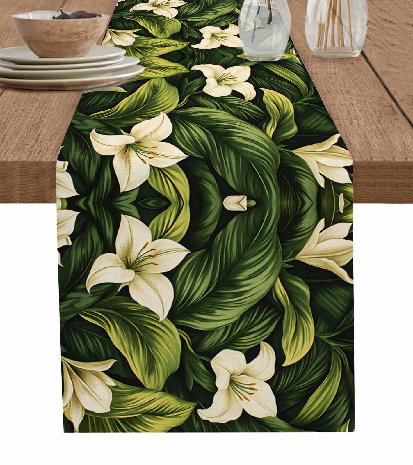 ERUNPONLY White Lily Flower Table Runner - 108 Inch Long Tropical Bloom ...