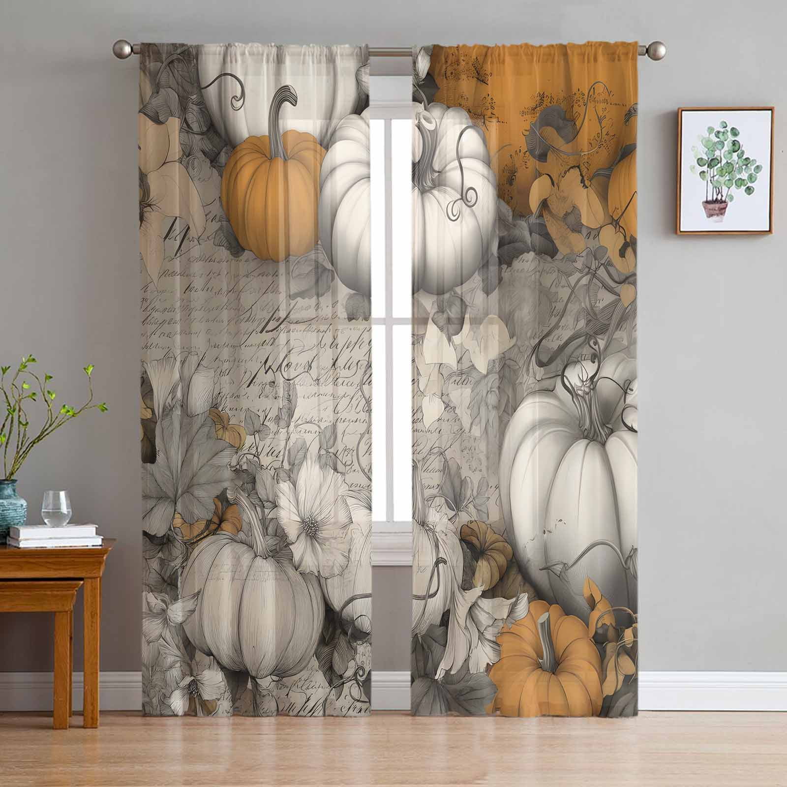 ERUNPONLY White Orange Pumpkins Fall Sheer Curtains 72 Inch Length 2 ...