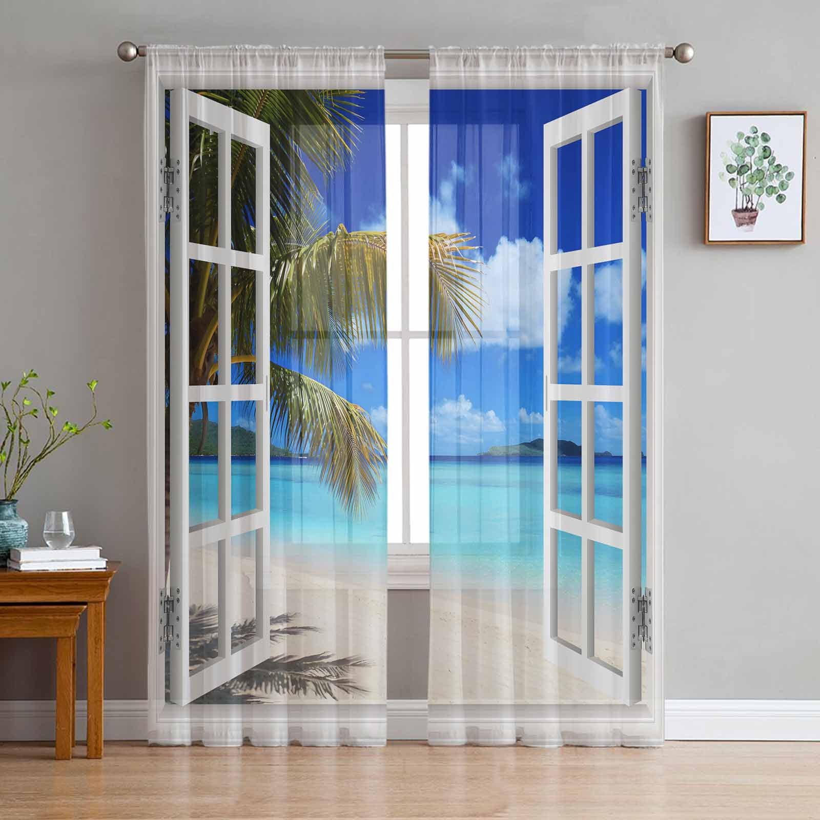 ERUNPONLY Windows Seascape Sheer Curtains 84 Inch Length 2 Panels Set ...