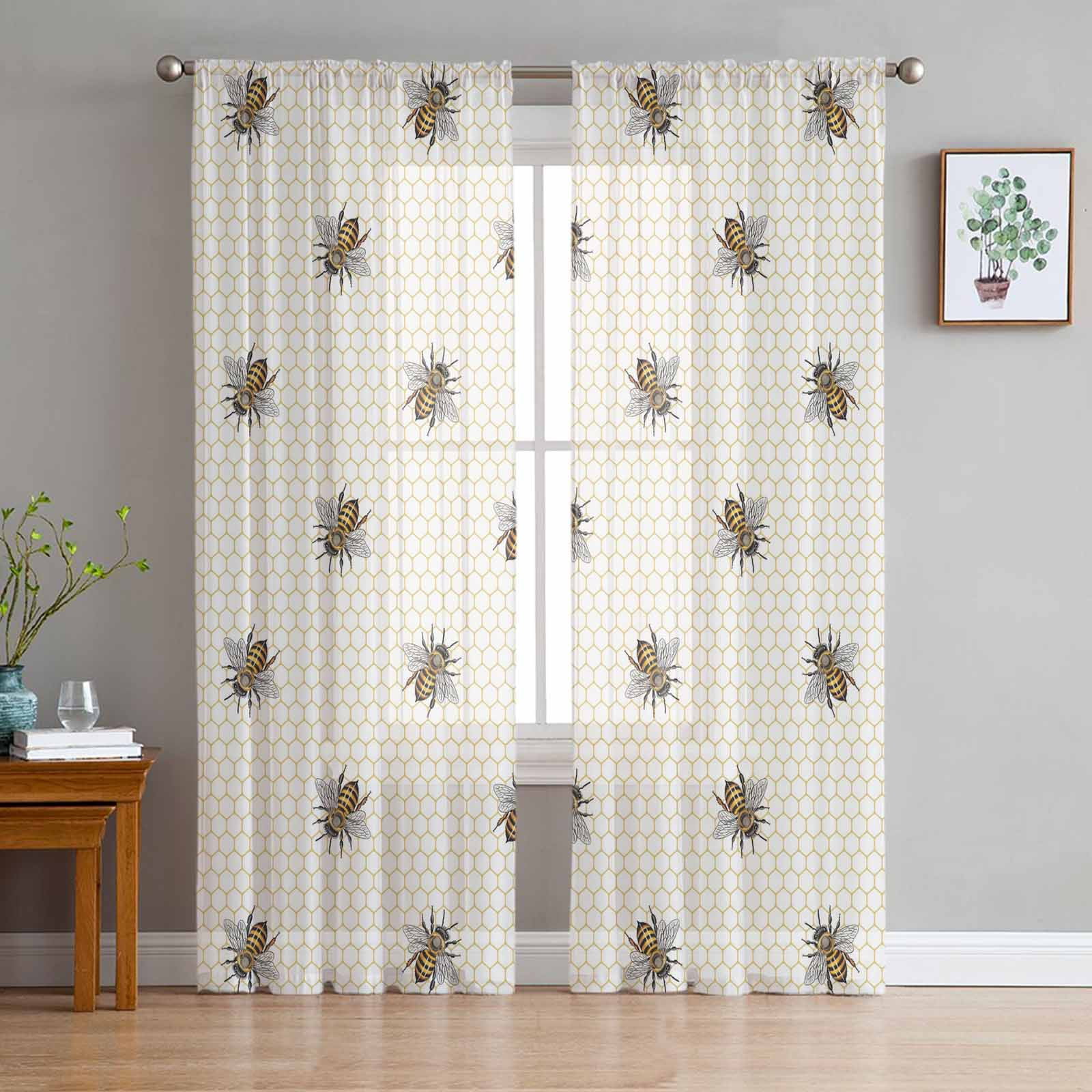 ERUNPONLY Yellow Bees Sheer Curtains 96 Inch Length 2 Panels Set ...