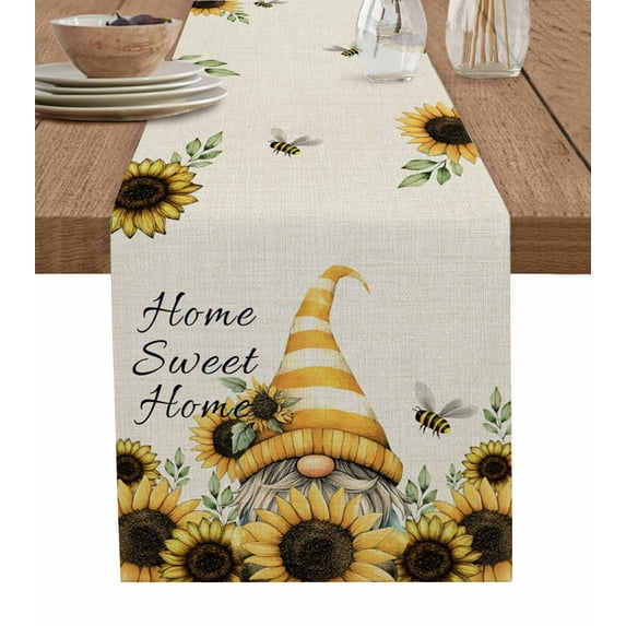 ERUNPONLY Yellow Dwarf Sunflowers Table Runner - 72 Inch Long Line Bee Green Leaves Cotton and ...