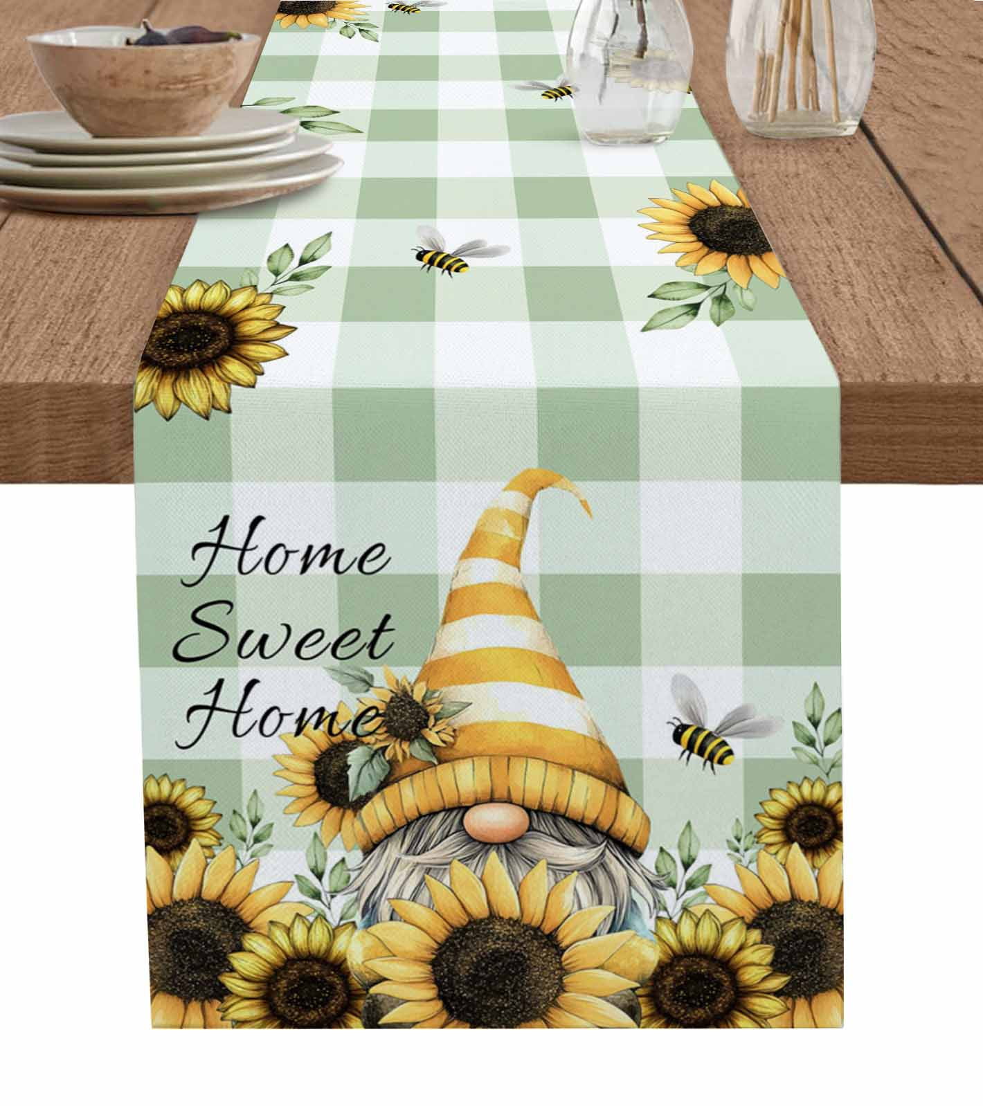 ERUNPONLY Yellow Dwarf Table Runner - 70 Inch Long Sunflower Bee Retro Green White Plaid Cotton ...