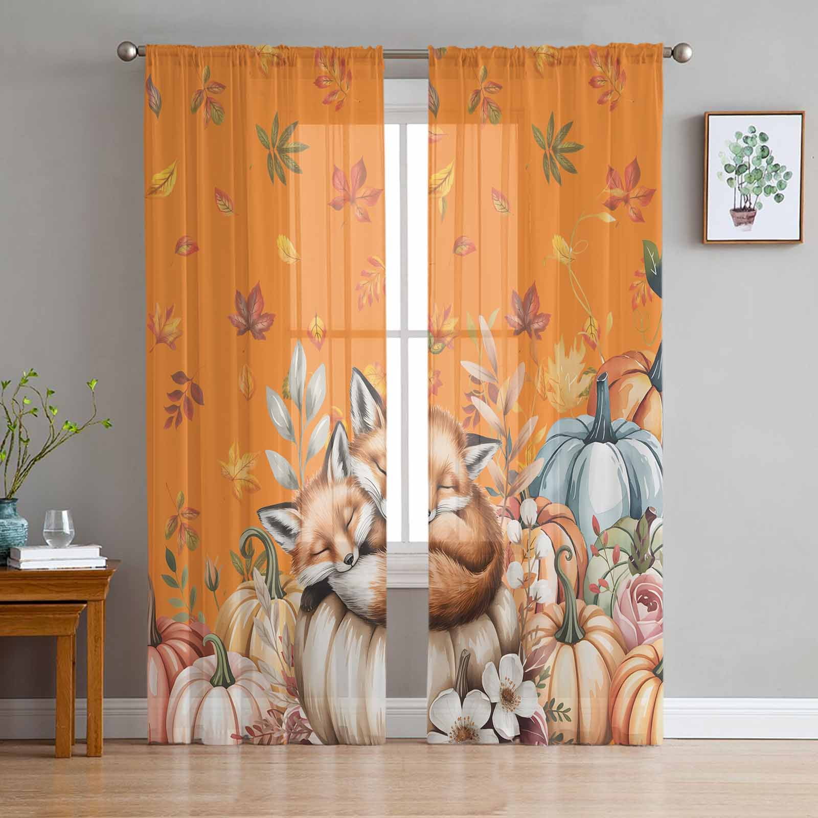 ERUNPONLY Yellow Fox Fall Sheer Curtains 72 Inch Length 2 Panels Set ...