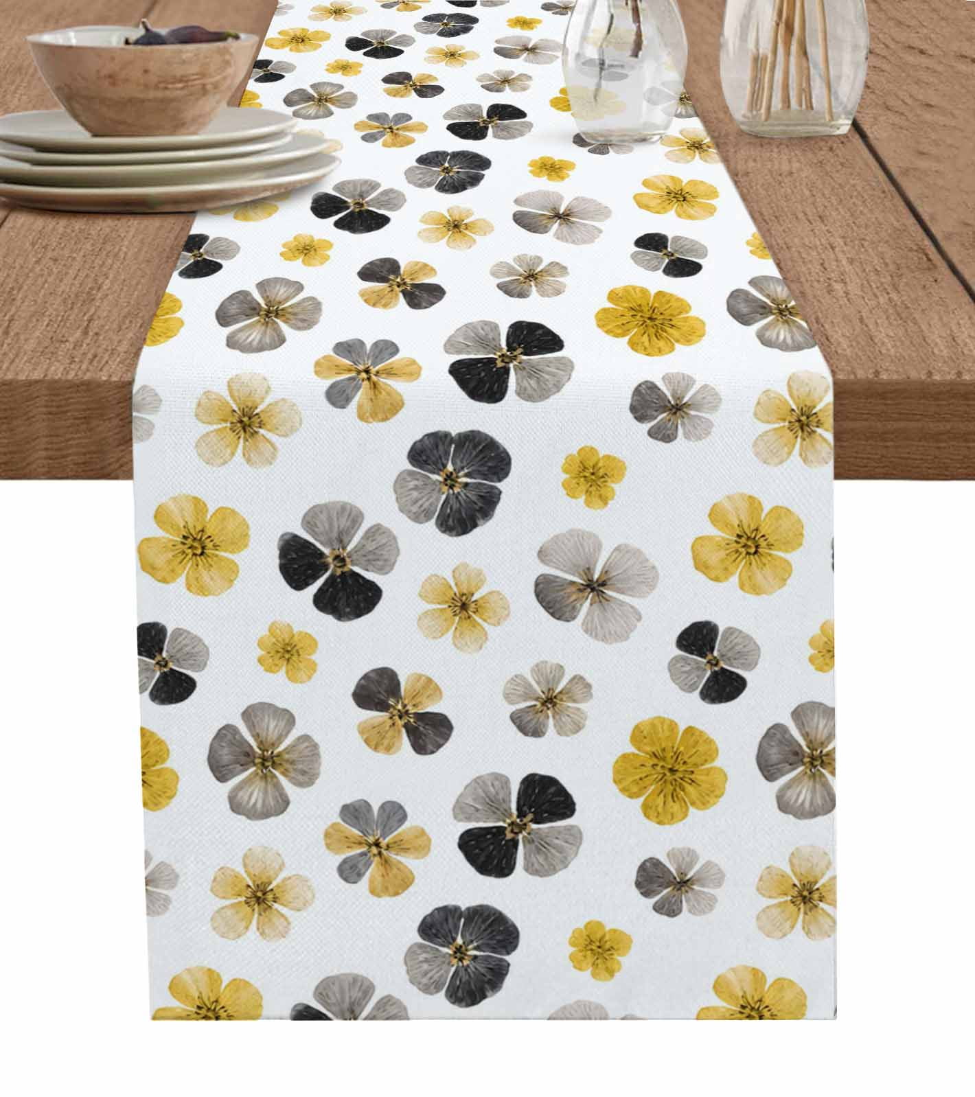 ERUNPONLY Yellow Grey Floral Table Runner - 72 Inch Long Abstract Art ...