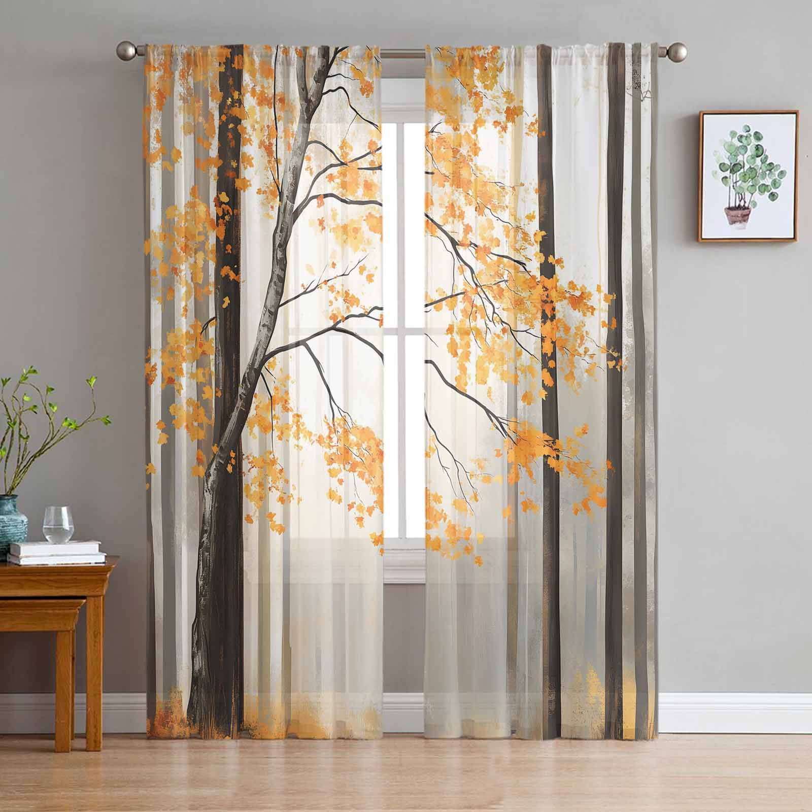 ERUNPONLY Yellow Leaves Fall Sheer Curtains 63 Inch Length 2 Panels Set ...