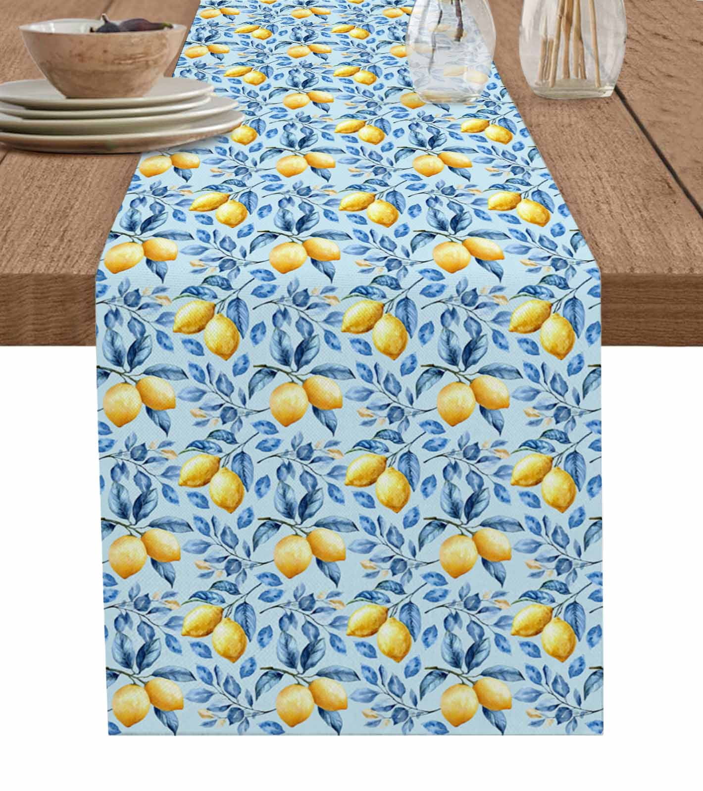 ERUNPONLY Yellow Lemon Table Runner - 70 Inch Long Blue Leaves Summer ...
