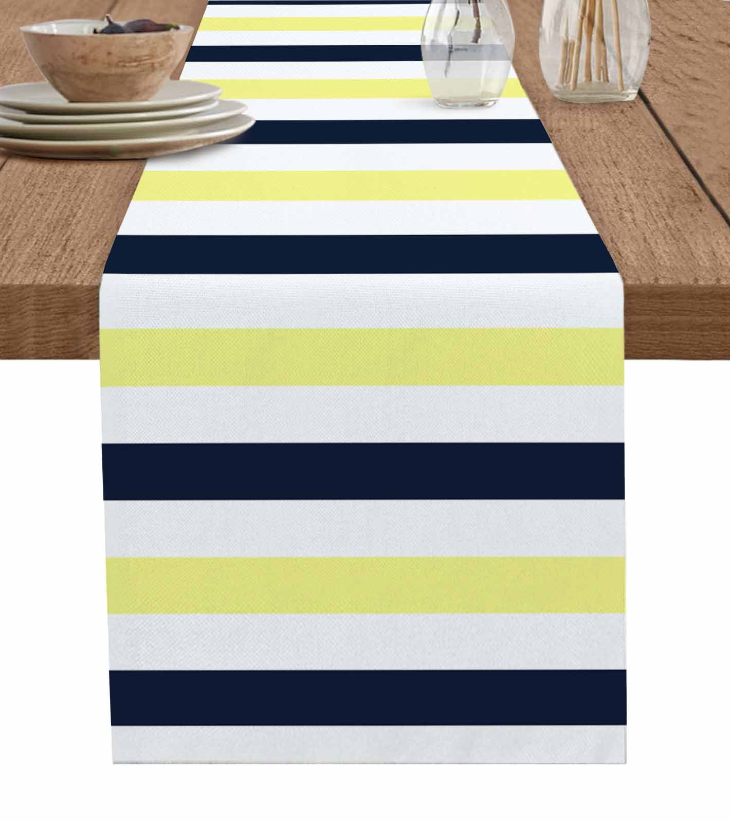ERUNPONLY Yellow Navy Blue Striped Table Runner - 108 Inch Long ...