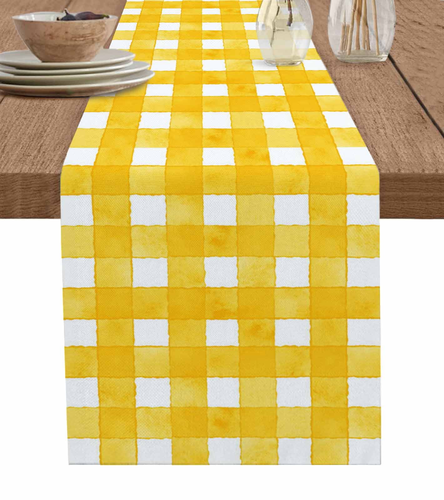 ERUNPONLY Yellow Plaid Table Runner - 72 Inch Long Watercolor Grid ...