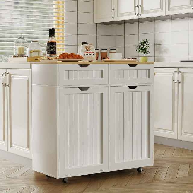 ERYTLLY Kitchen Island Cart with Drop Leaf, 2 Drawers, Garbage Can ...