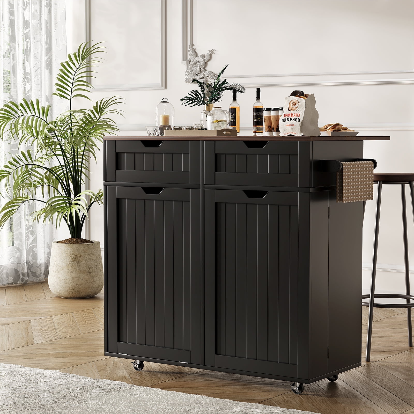 ERYTLLY Kitchen Island Cart with Drop Leaf, 2 Drawers,Garbage Can ...