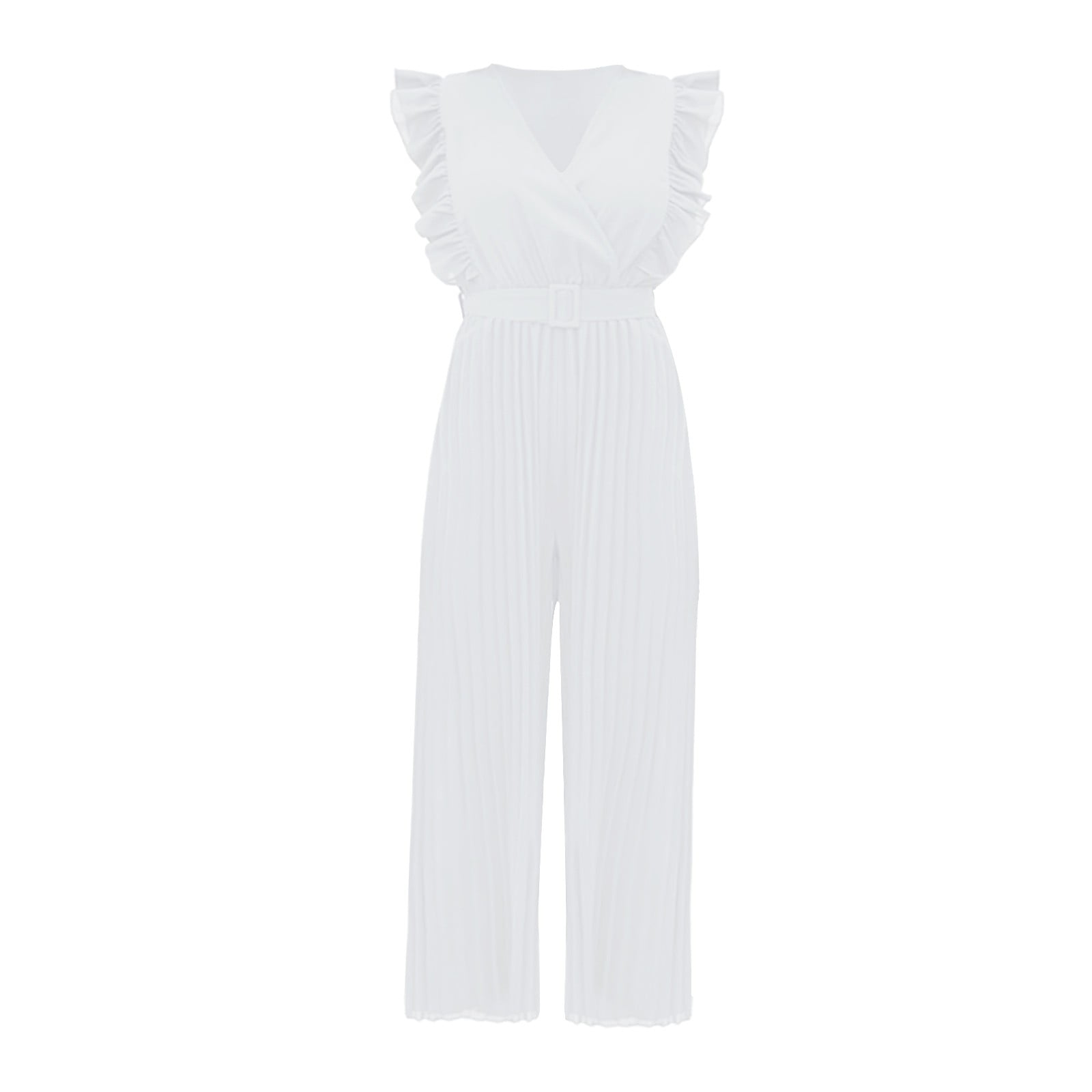 ERkkoi Summer Jumpsuits For Women 2025 Casual Overalls V Neck Sleeveless Ruffl Solid Belt ...