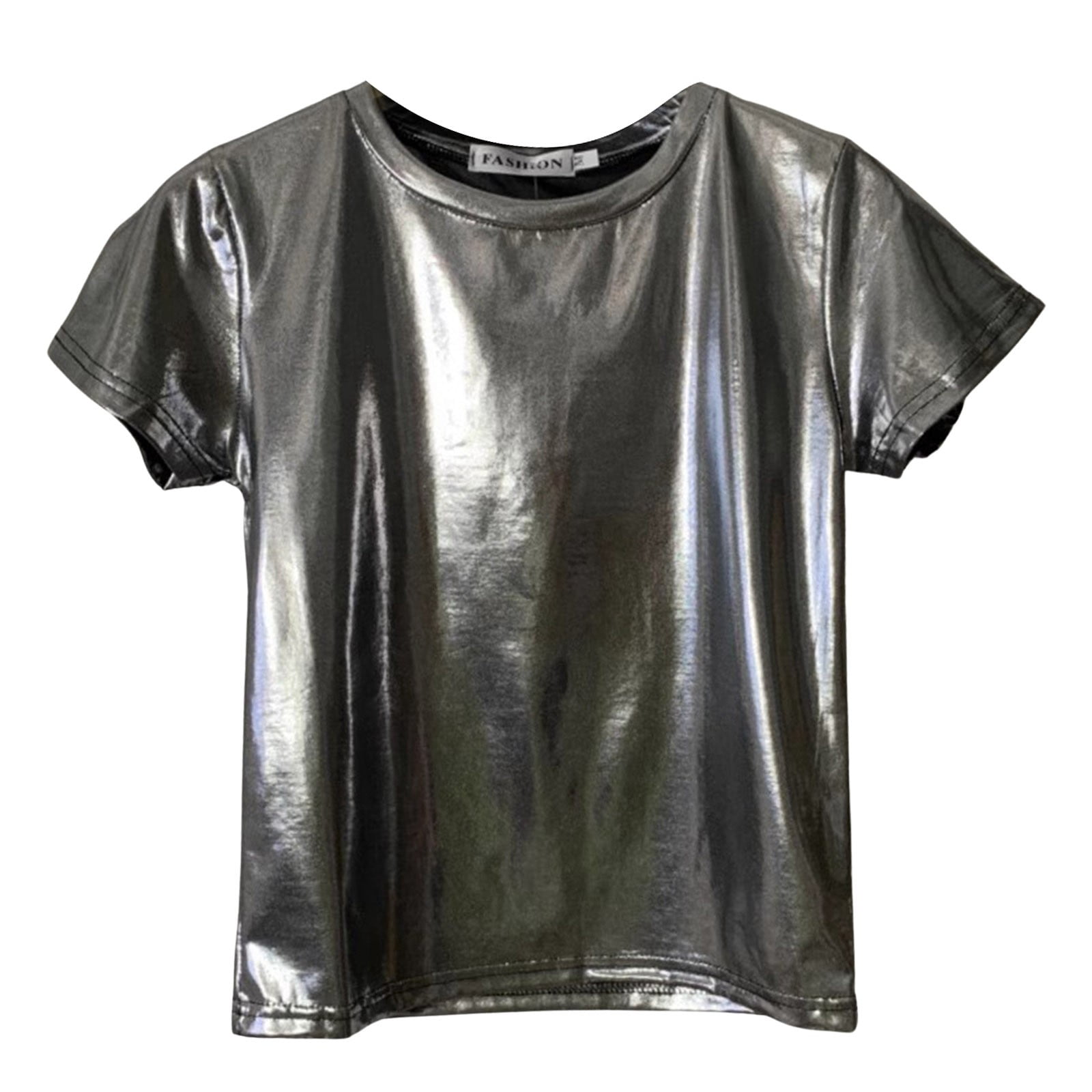 ERkkoi Women's T-Shirts Shiny Tops Holographic Metallic Shirt Shimmer ...