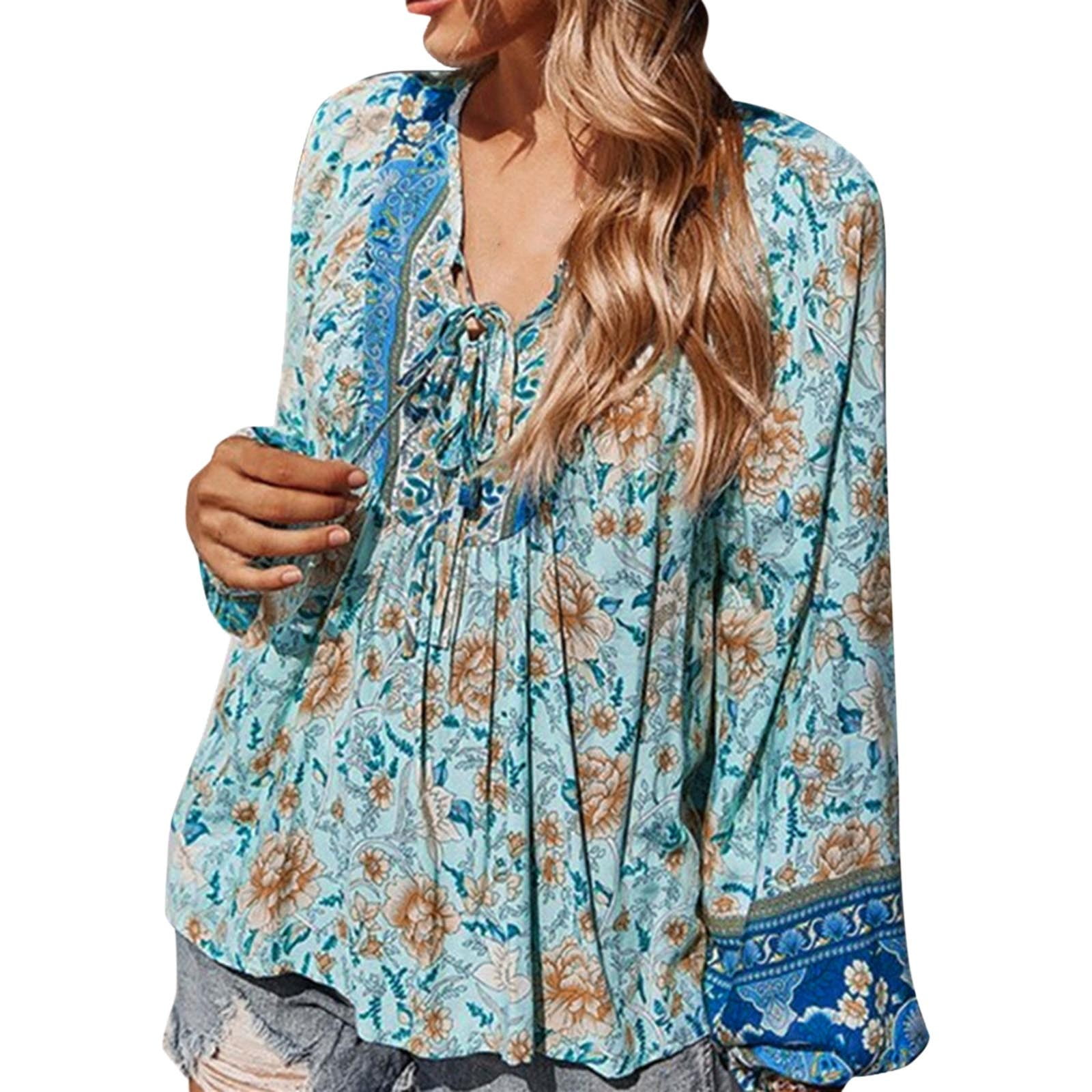 ERkkoi Womens Tops Boho Floral Tunics Fiesta Shirts Peasant Hippie ...