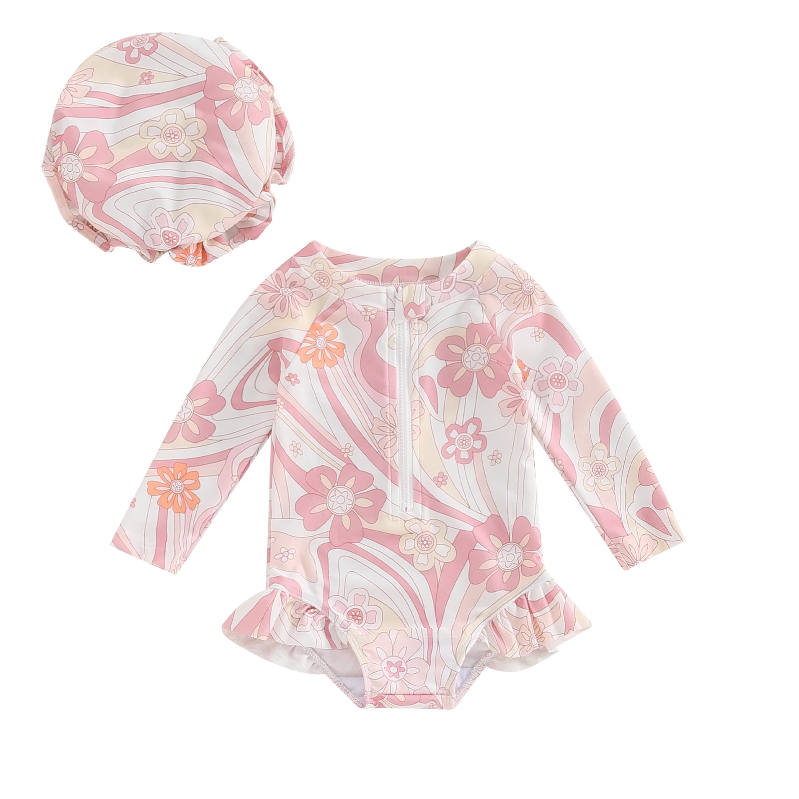 ESASSALY Baby Girl Swimsuits Floral Print Long Sleeve Ruffles Zipper ...