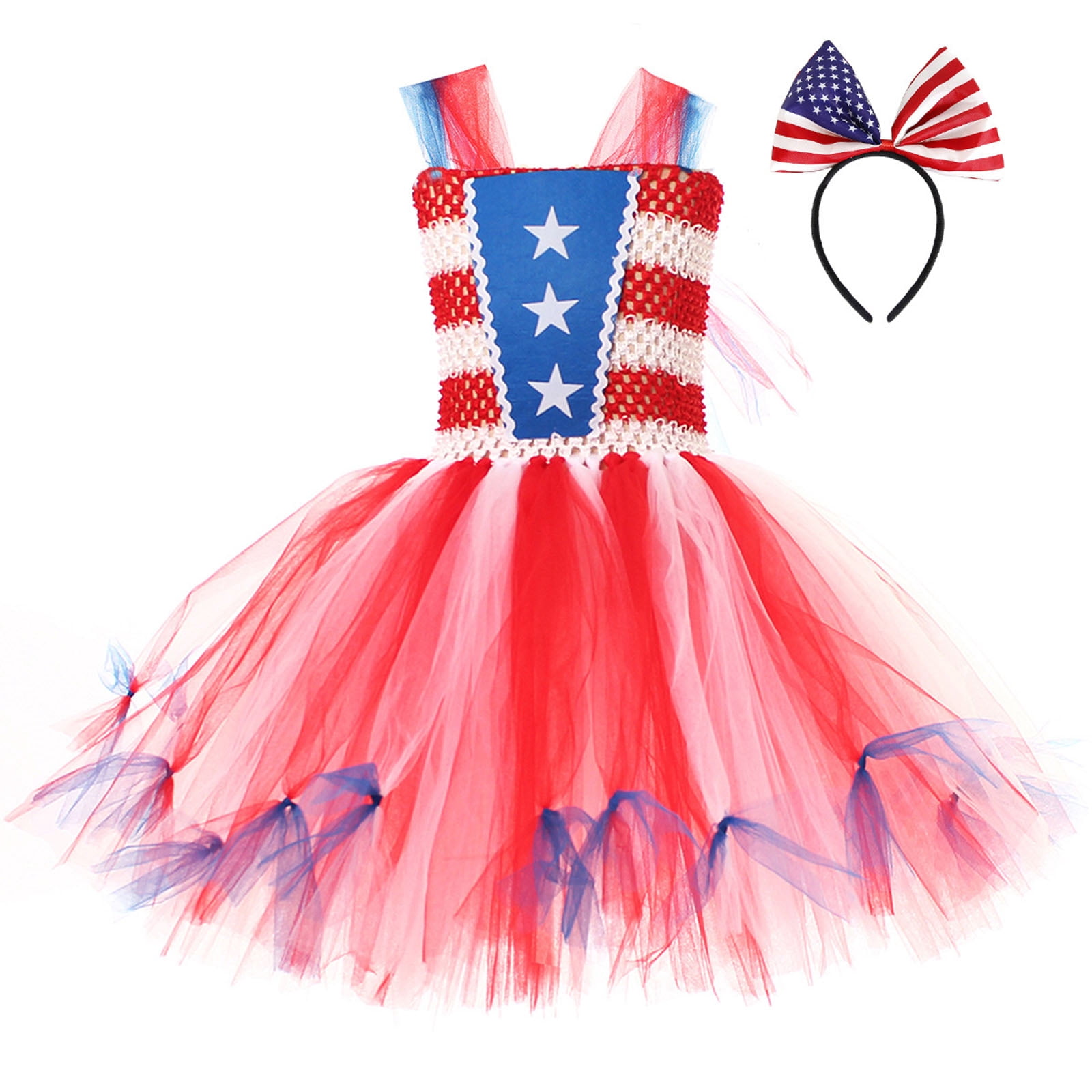 ESASSALY Girl 4th of July Costume Star Pattern Sleeveless Tulle Dress ...