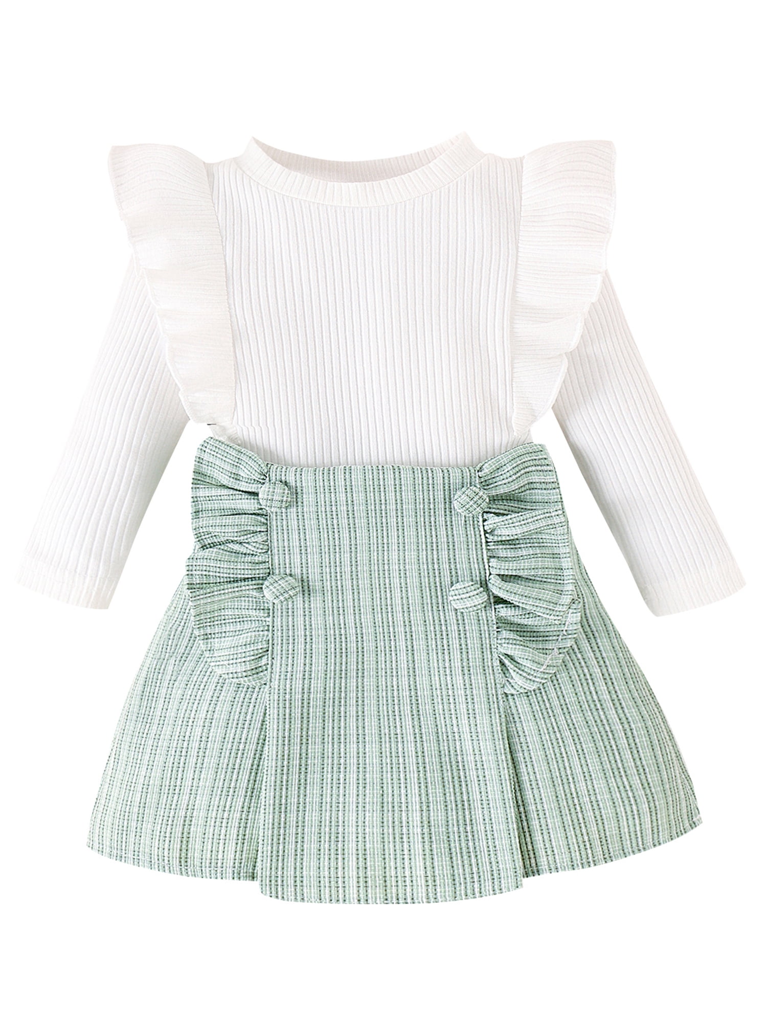 ESASSALY Girl Skirt Outfits Long Sleeve Ruffle Ribbed Tops A-line Plaid ...