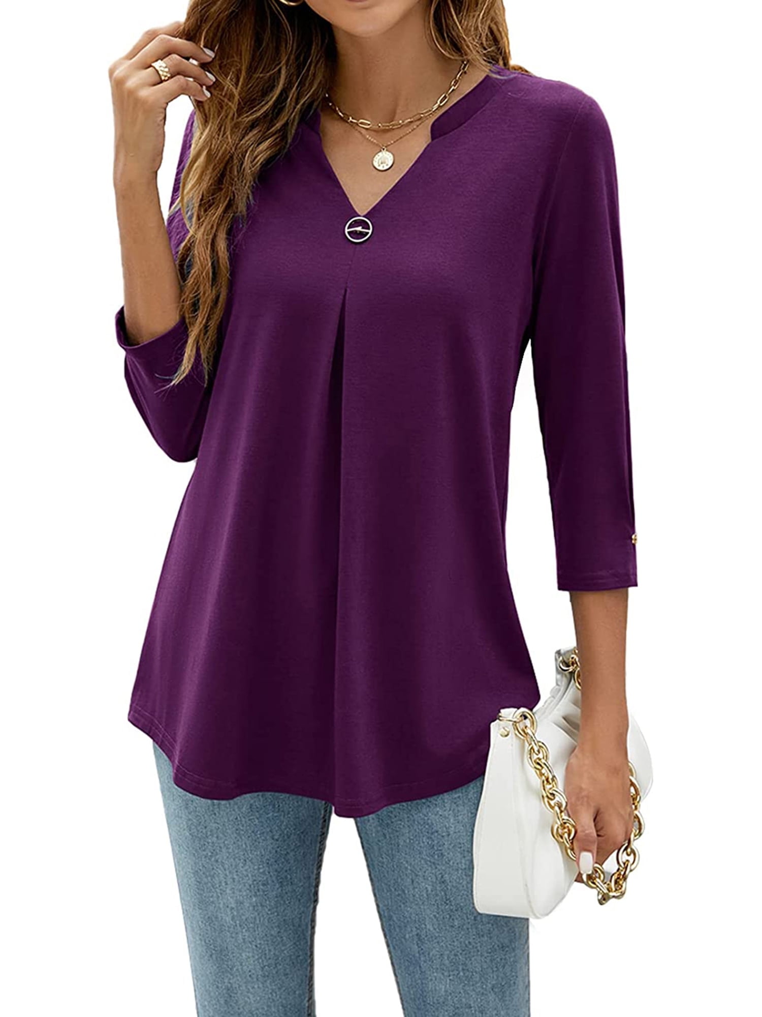 ESASSALY Elegant Women's Long 3/4 Sleeve V-Neck Blouse, Button-Down ...
