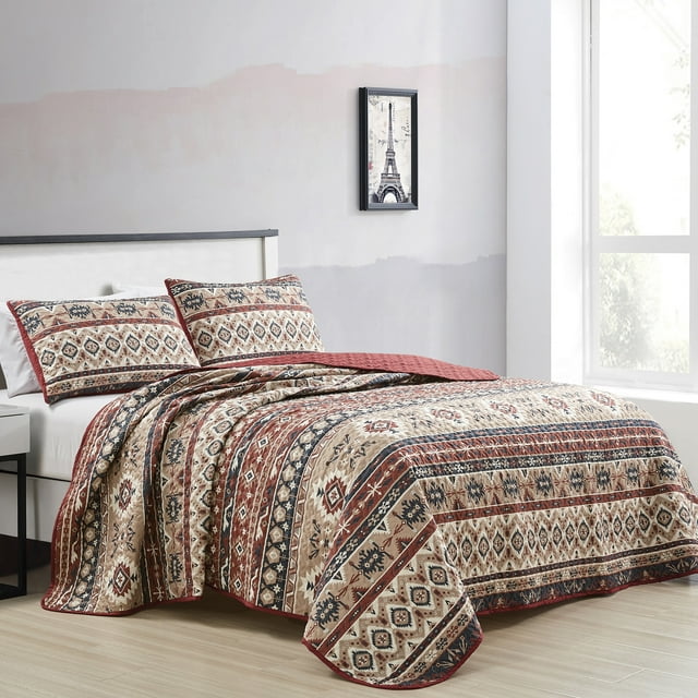 ESCA 3-Piece DALMAR Aztec Rustic Southwestern Reversible Quilt Set with ...